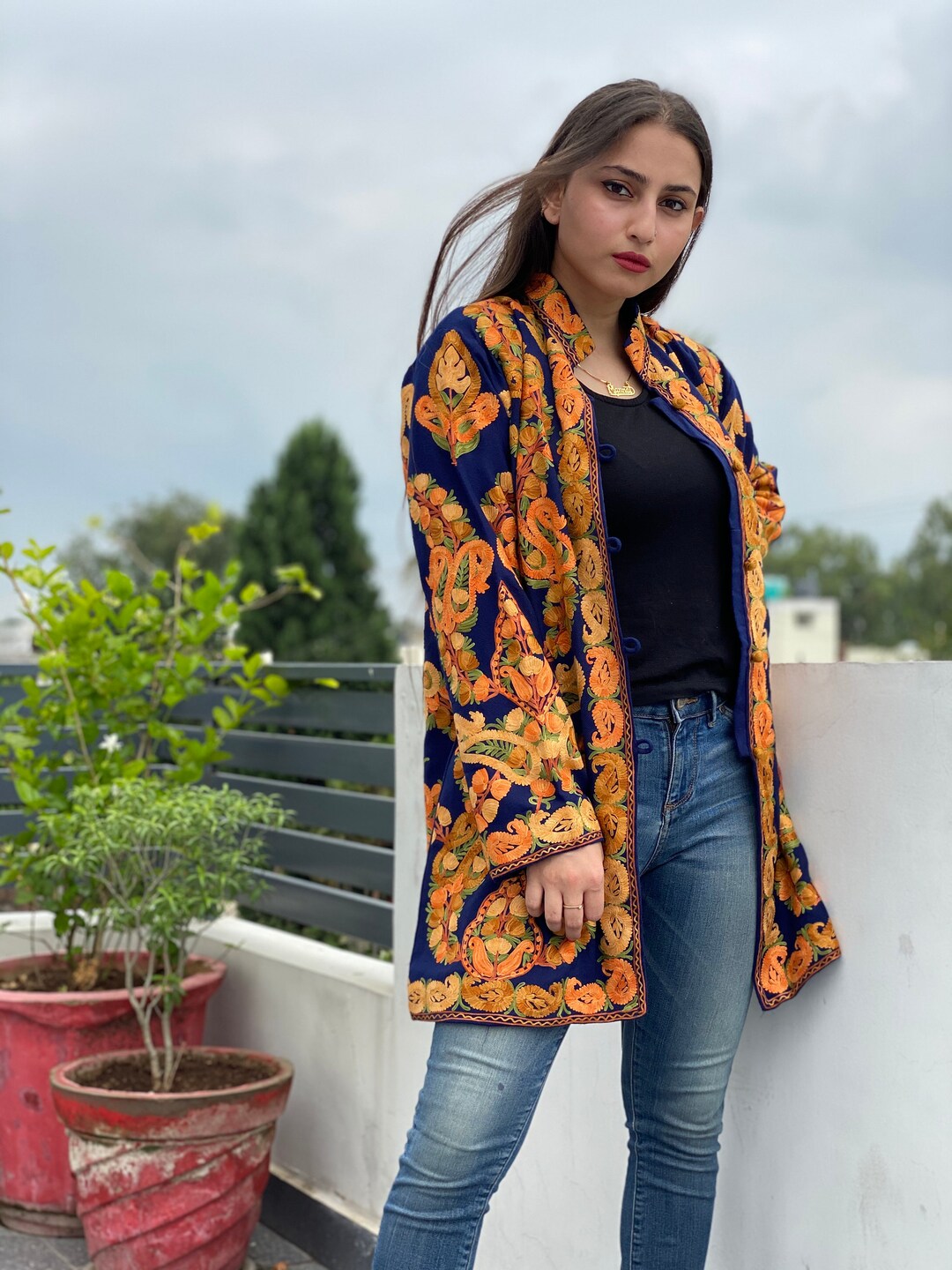 Navy Blue Long Coat, Embroidered Coat for Woman, Kashmiri Coats, Blue ...