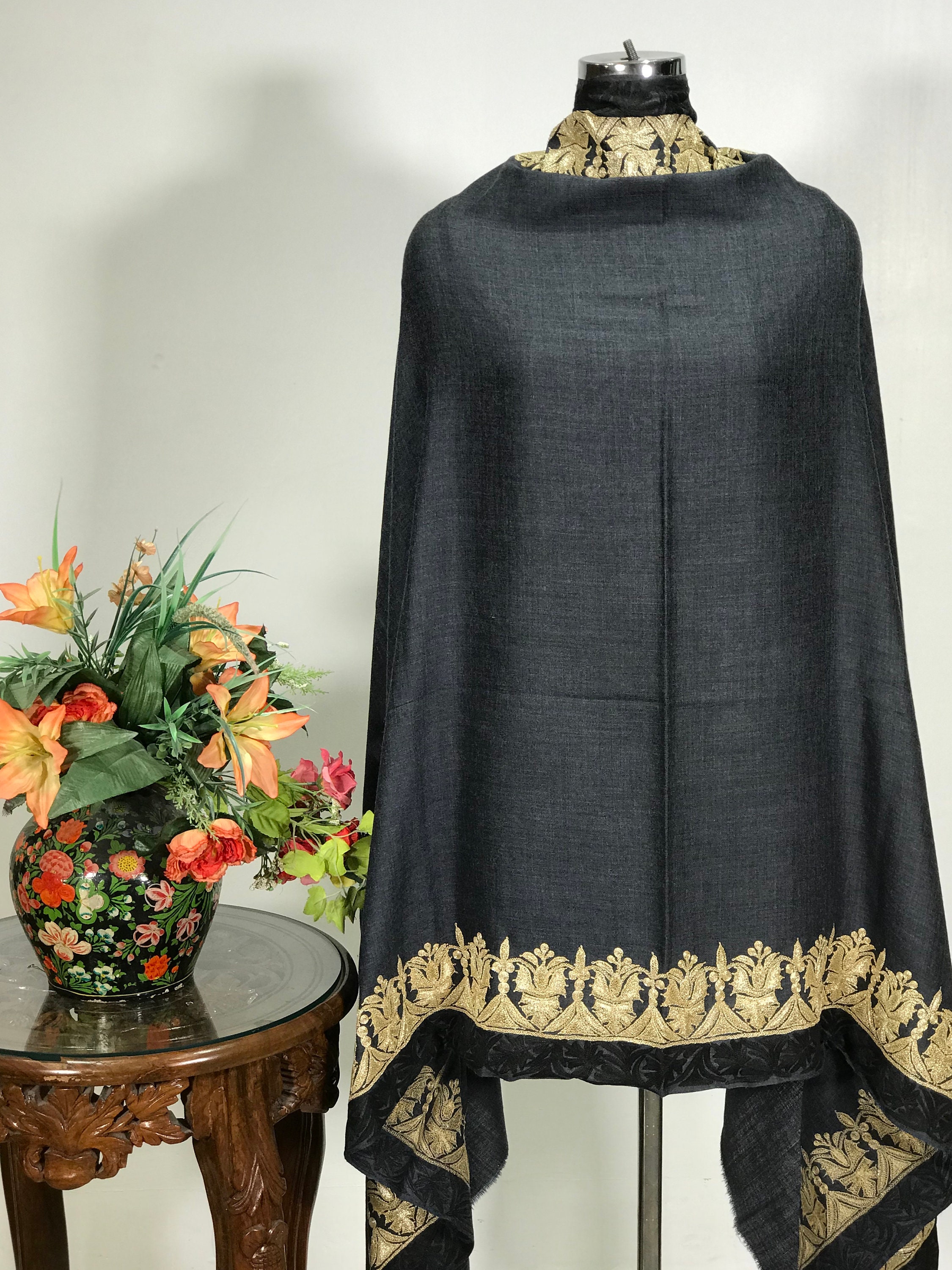 Melange Ash Grey Pure Wool Shawl with Tilla & Aari Embroidery | Etsy