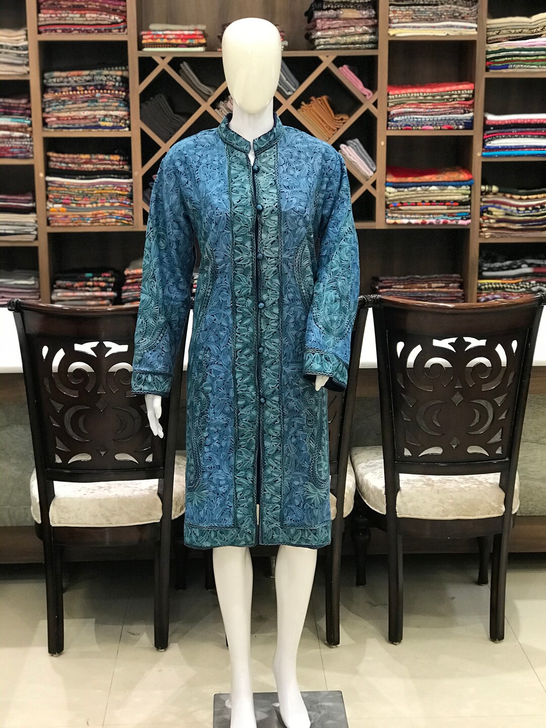 Kashmiri Jamawar Embroidered Coats, Long Coat, Blue Women Coat ...