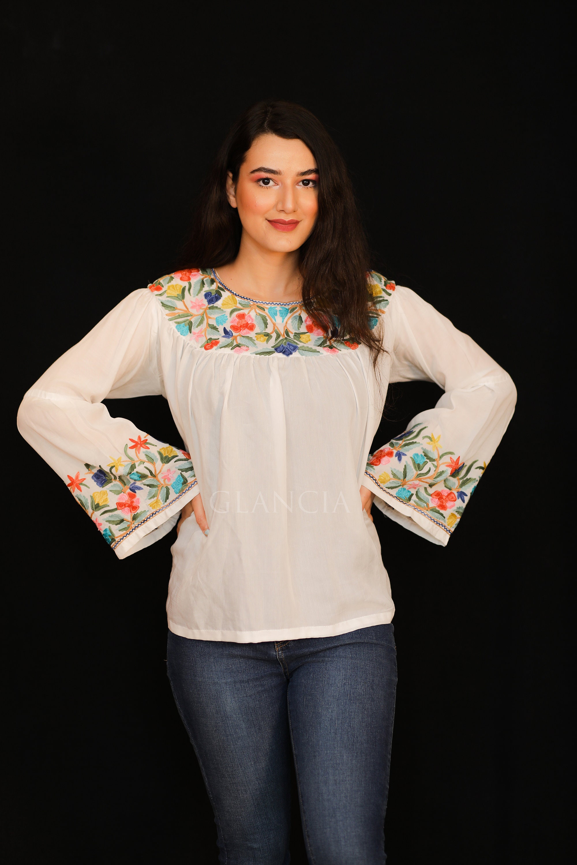 Bell Sleeves Tunic Top With Silk Thread Embroidery, Kashmiri Kurtas ...