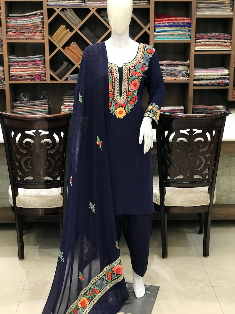 Navy Blue Kashmiri Floral Embroidery Dress Zari & Aari Fusion | Etsy