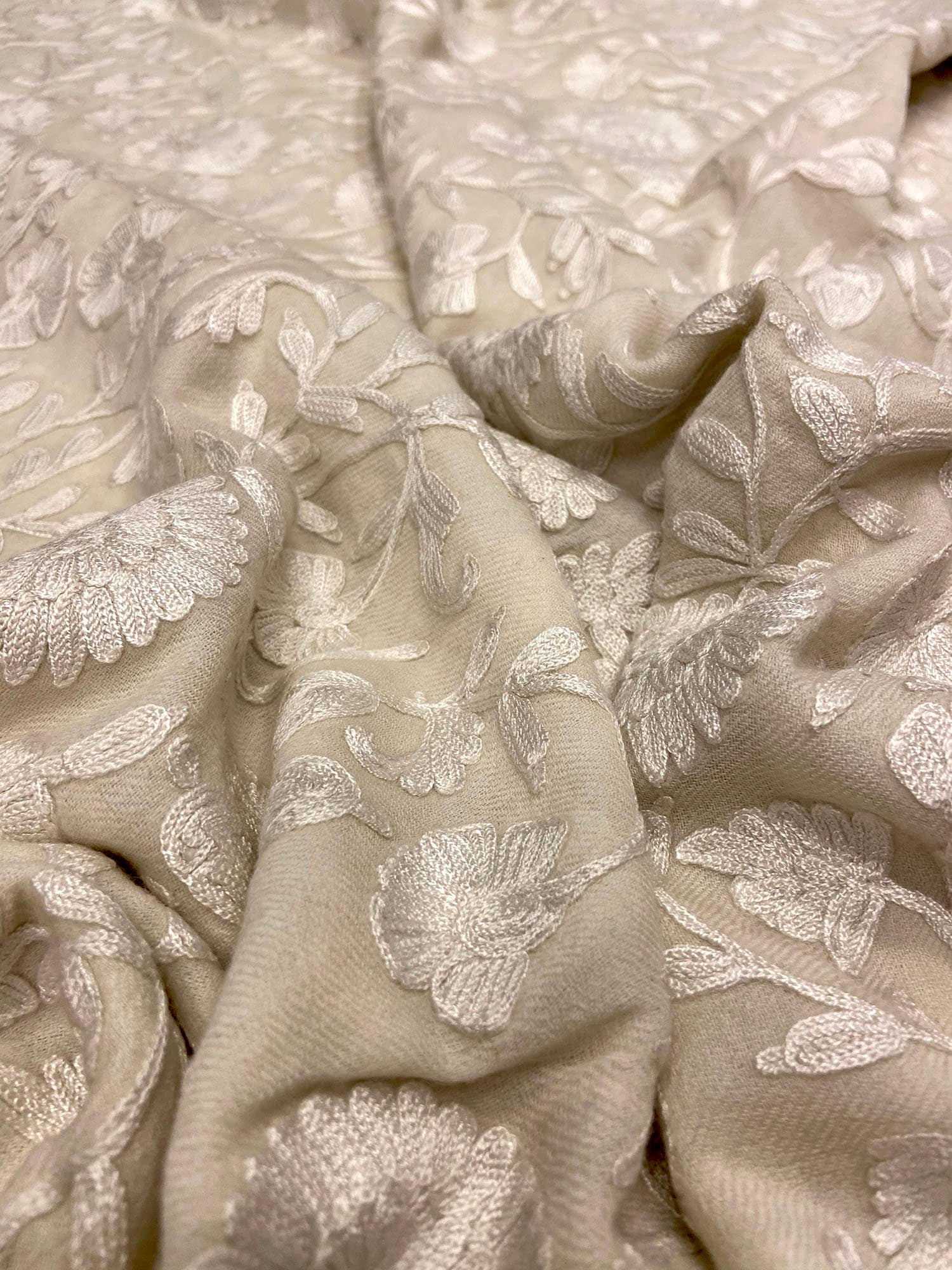 White Woollen Running Fabric With Self Floral Pattern Embroidery ...