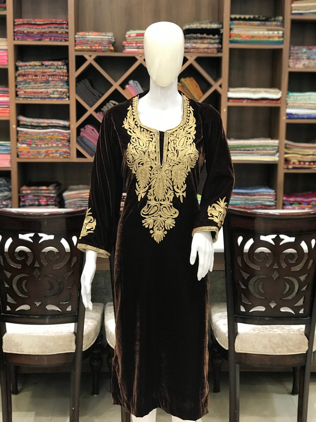 Brown Velvet Tunic With Golden Embroidery, Zari Work Kurtas for Women ...