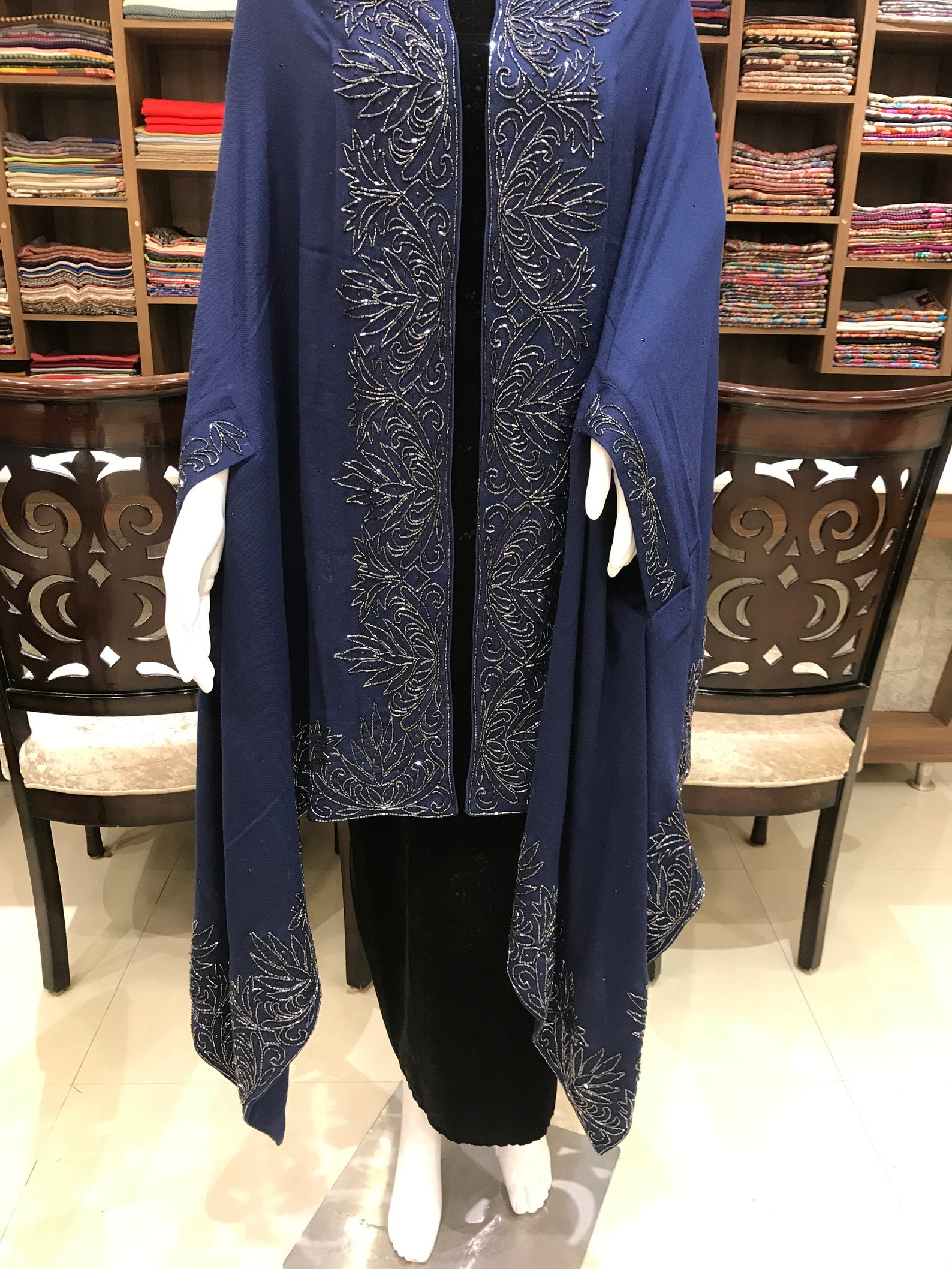 Blue Pure Wool Cape With Hand Cut Daana Work, Pure Wool Poncho ...