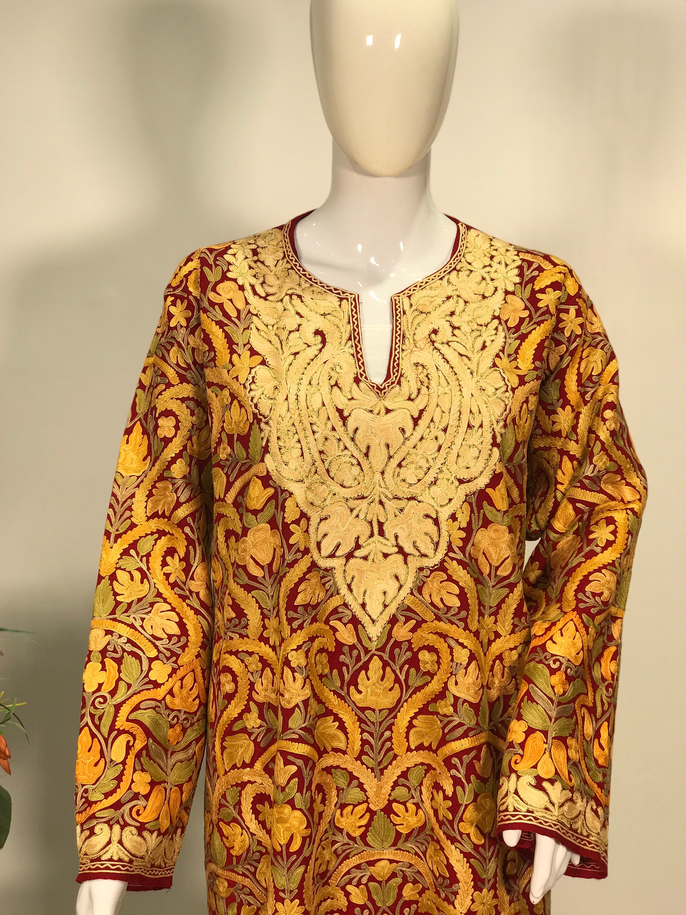 Woollen Phiran With All Over Paisley Aari Embroidery, Kashmiri Phirans ...