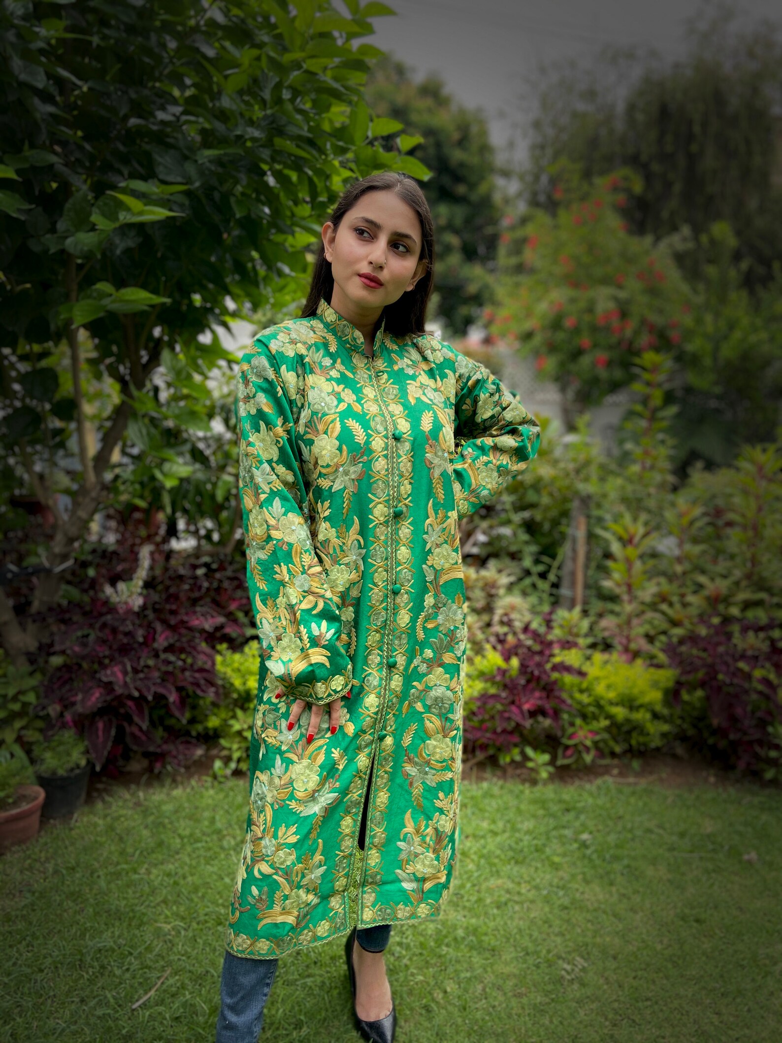 Green Long Jacket, Embroidered Coat for Woman, Kashmiri Coats, Hippie ...