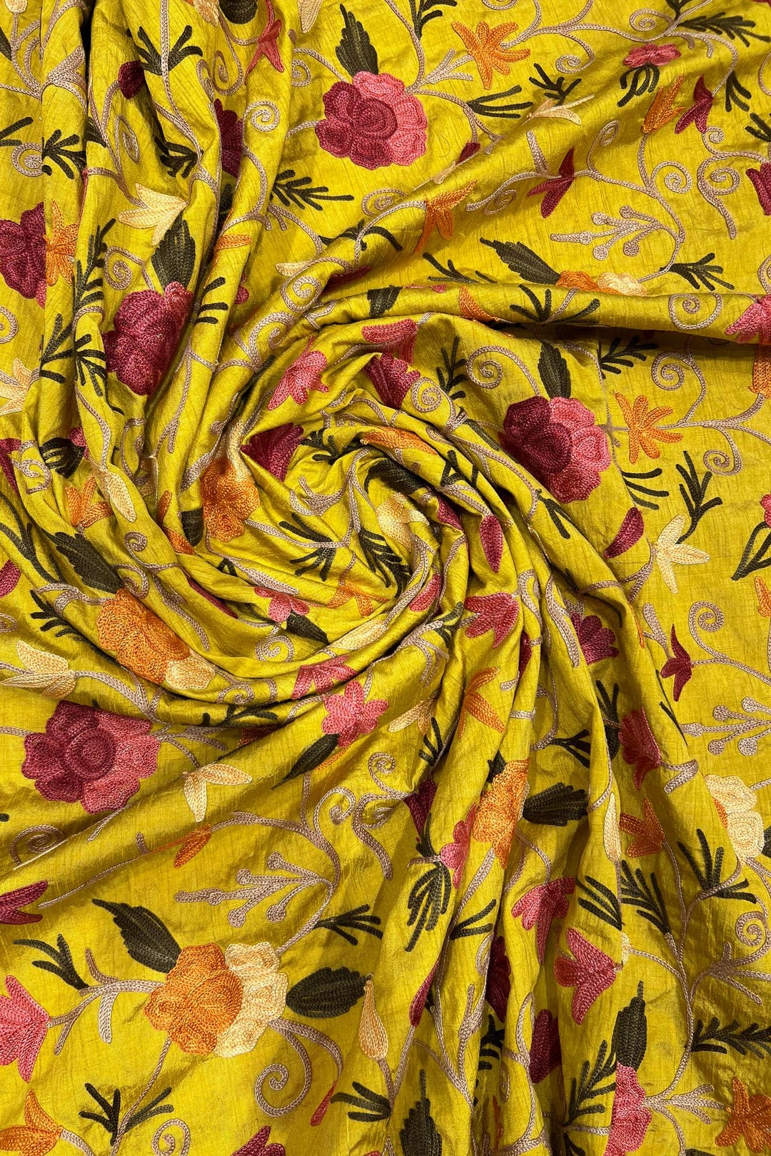 Mustard Raw Silk Running Fabric With Jaal Floral Embroidery, Running ...