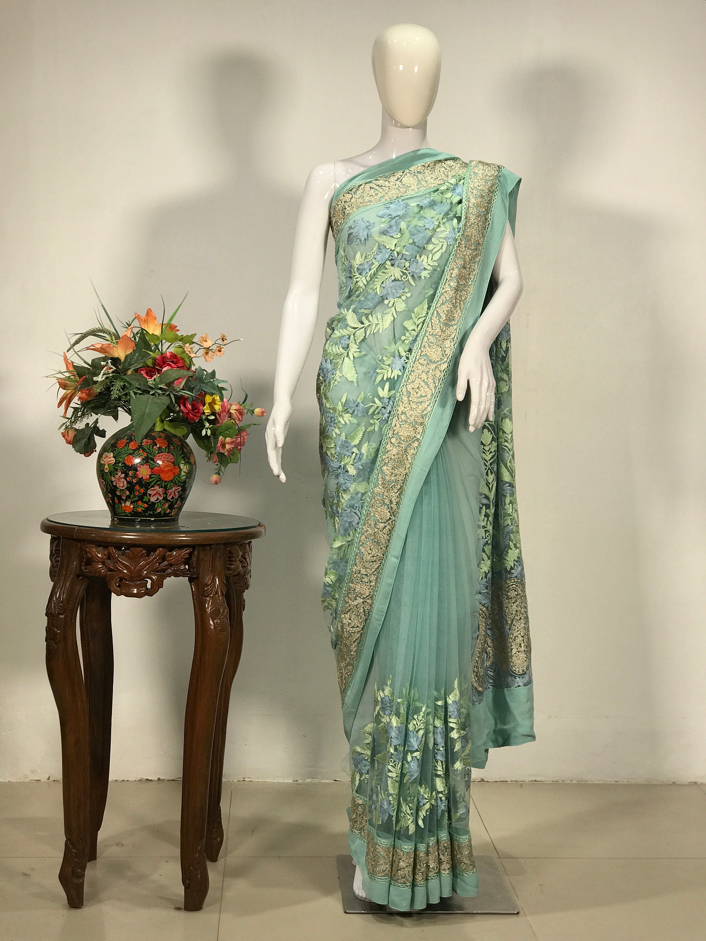 Green Net Saree With Floral Jaal Aari Embroidery Indian - Etsy Australia