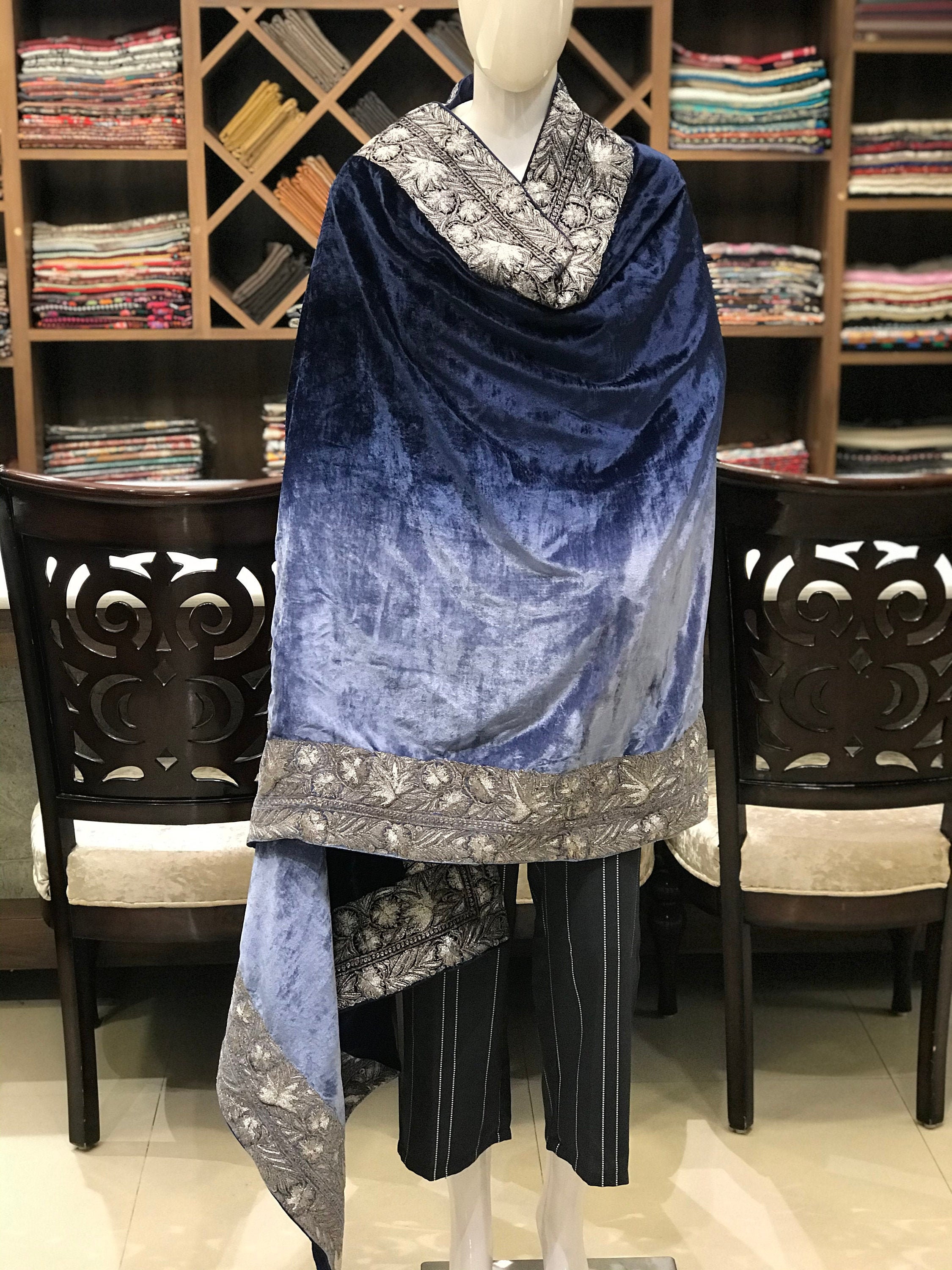 Ombre Blue Gloss Velvet Shawl With Antique Tilla Work Royal | Etsy