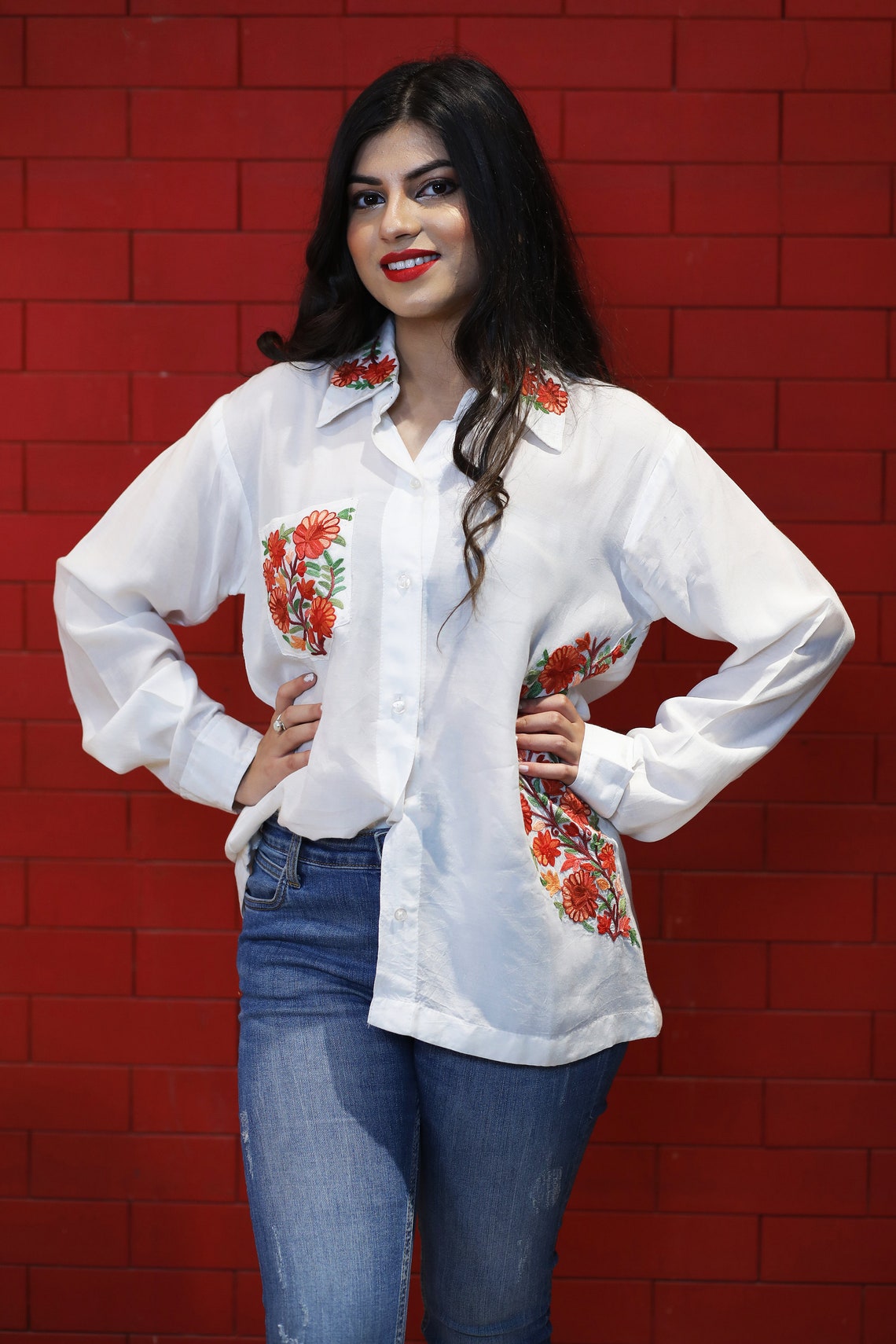 White Cotton Shirt With Multi Colour Thread Embroidery - Etsy