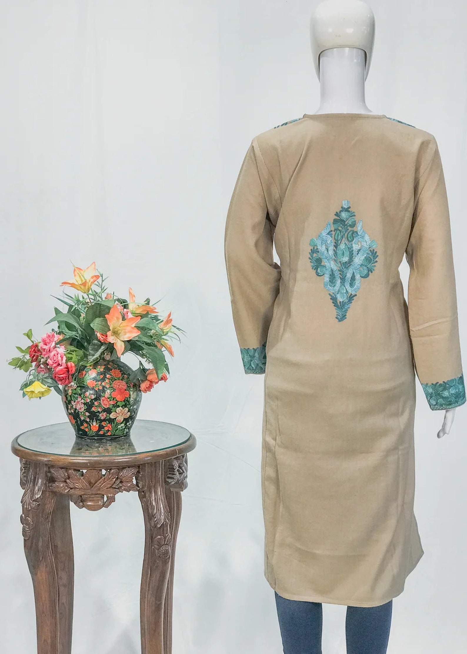 Light Beige Woollen Phiran With Multi-colour Aari Work, Comfortable ...