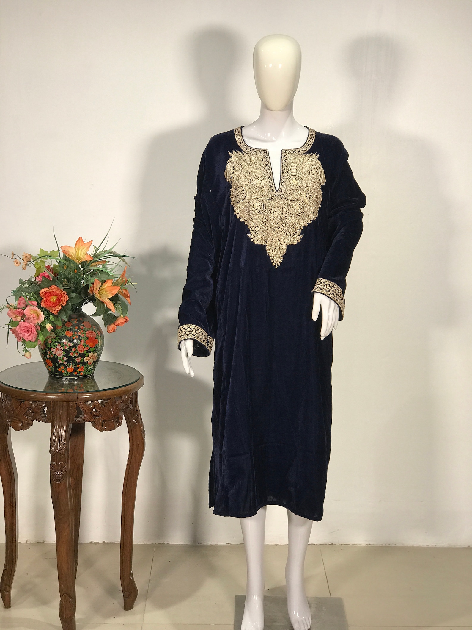Navy Blue Velvet Phiran With Tilla Embroidery Kashmiri - Etsy