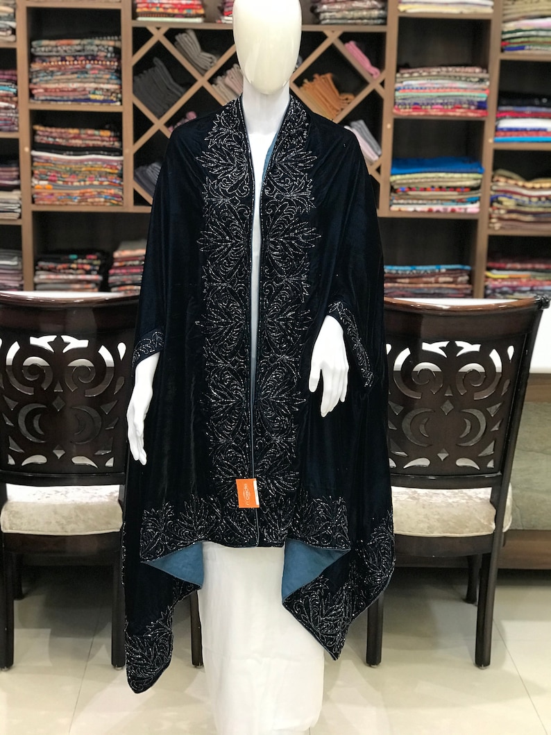 Blue Velvet Cape With Hand Cut Daana Work, Velvet Poncho, Hand Work ...