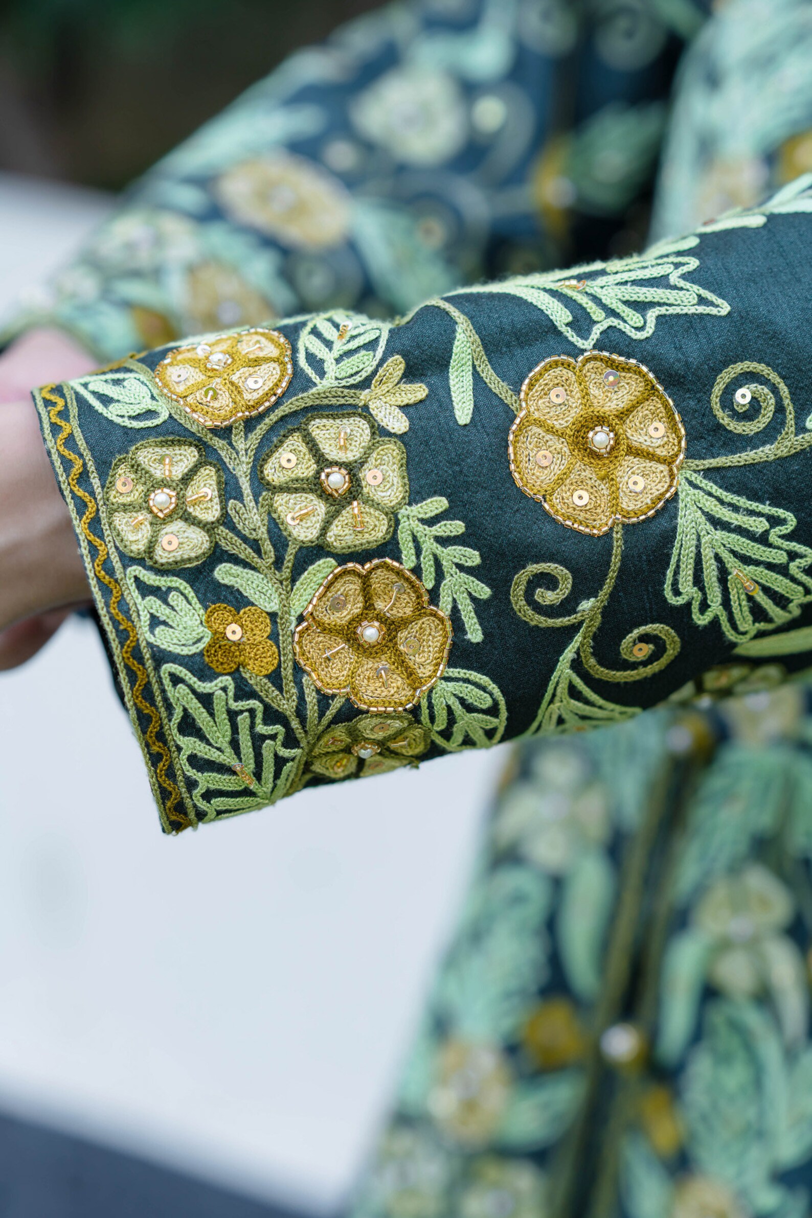 Green Floral Embroidered Long Coat With Hand Cut Daana, Indian Coat ...