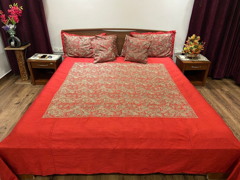 Red Raw Silk Bed Cover With Silk Thread Floral Embroidery, Beautiful ...