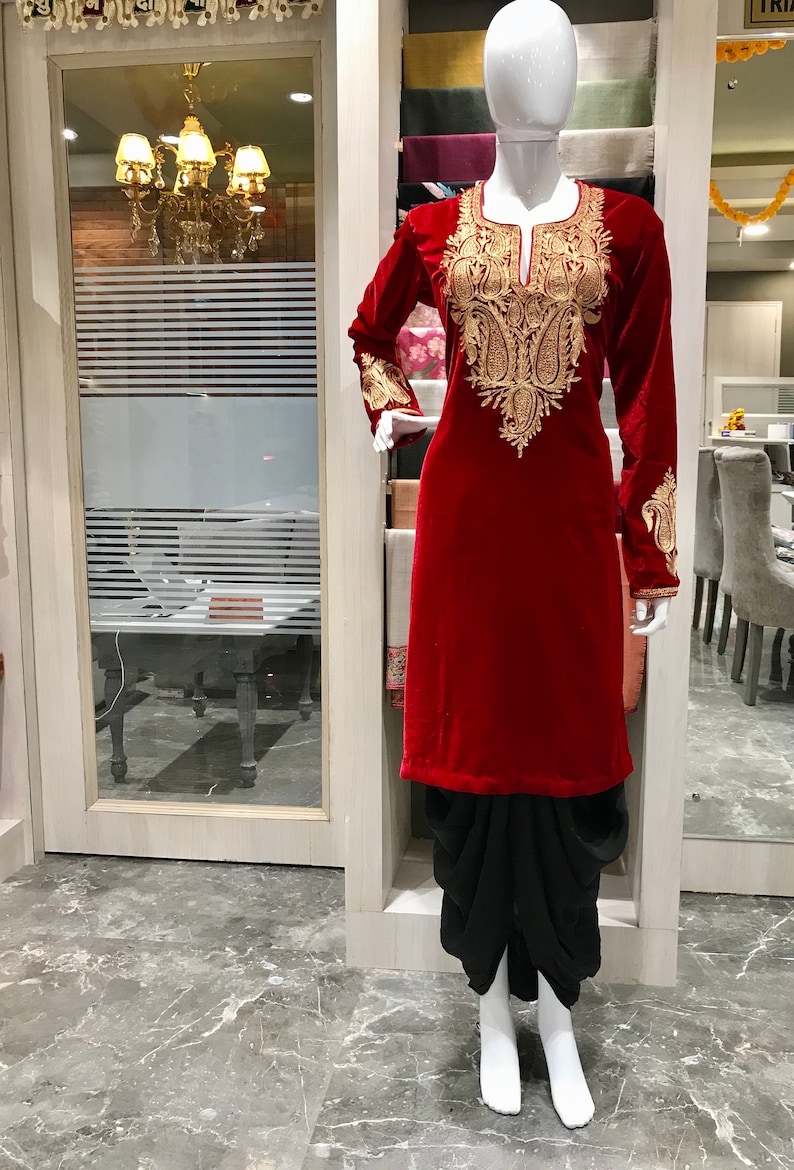 Red Velvet Tilla Embroidered Kashmiri Kurta Indo Western - Etsy