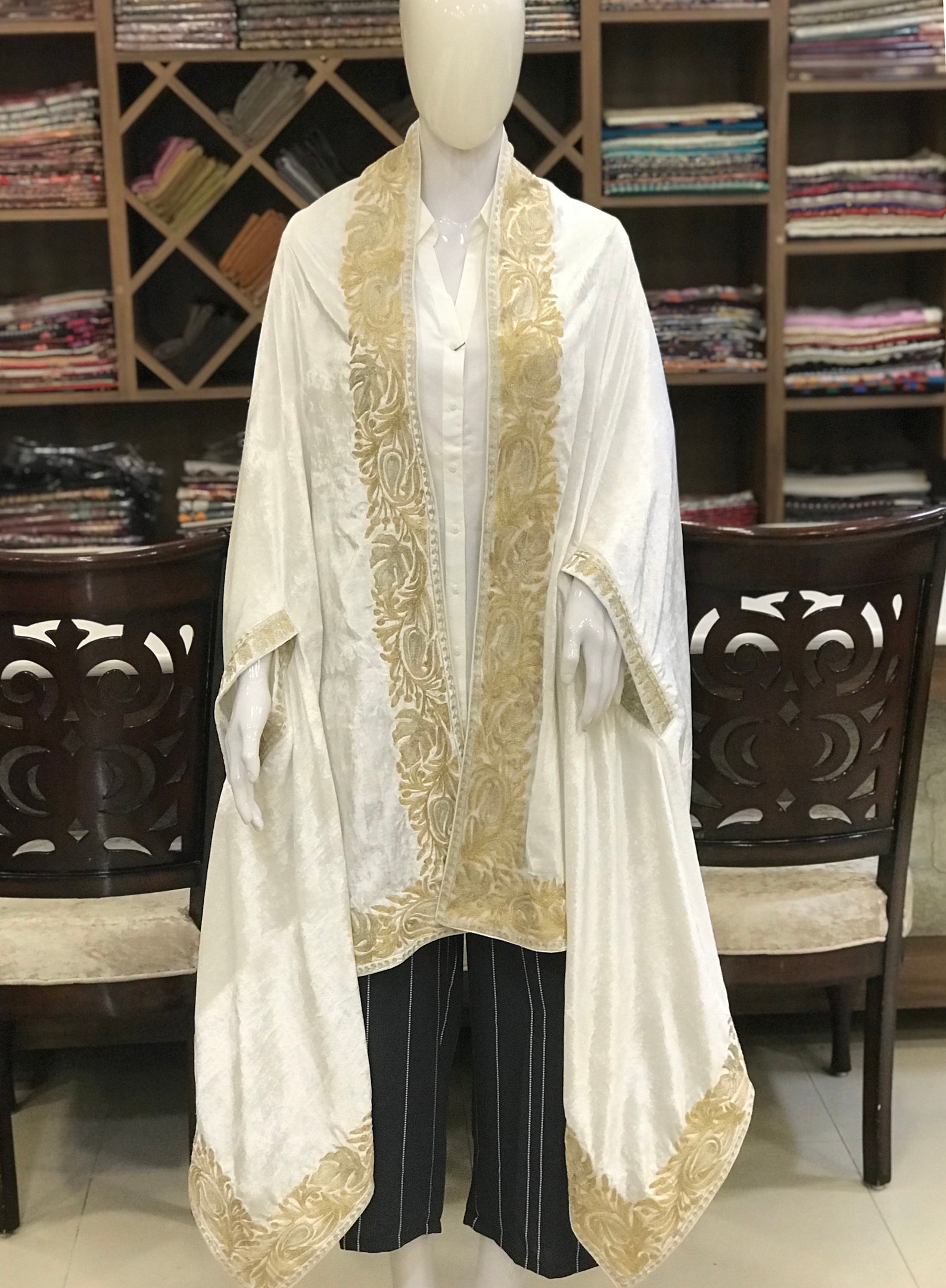 White Silk Velvet Cape Royal Kashmir Orni Shawl Hood Styled | Etsy