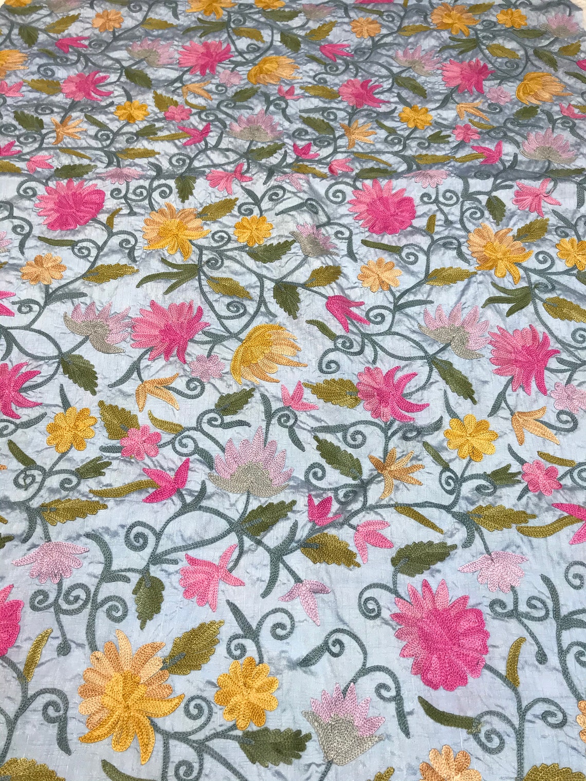 Kashmiri Floral Embroidered Raw Silk Running Fabric, Running Length ...