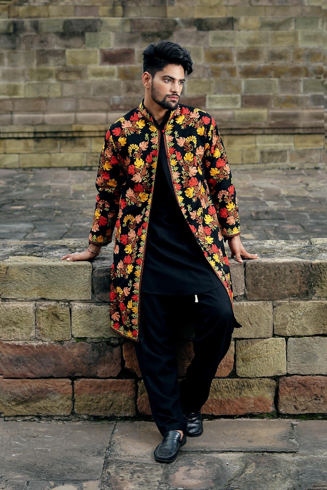 Black Men's Long Coat With Kashmiri Embroidery, Embroidered Jackets ...