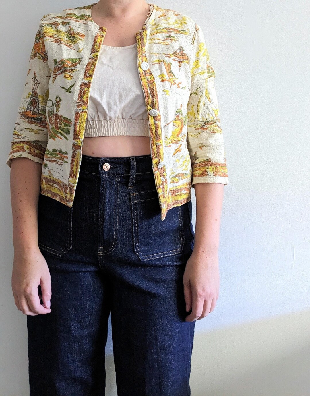 Coastal Novelty Print Crop Cardigan Blouse - Vintage Poems Button-down ...