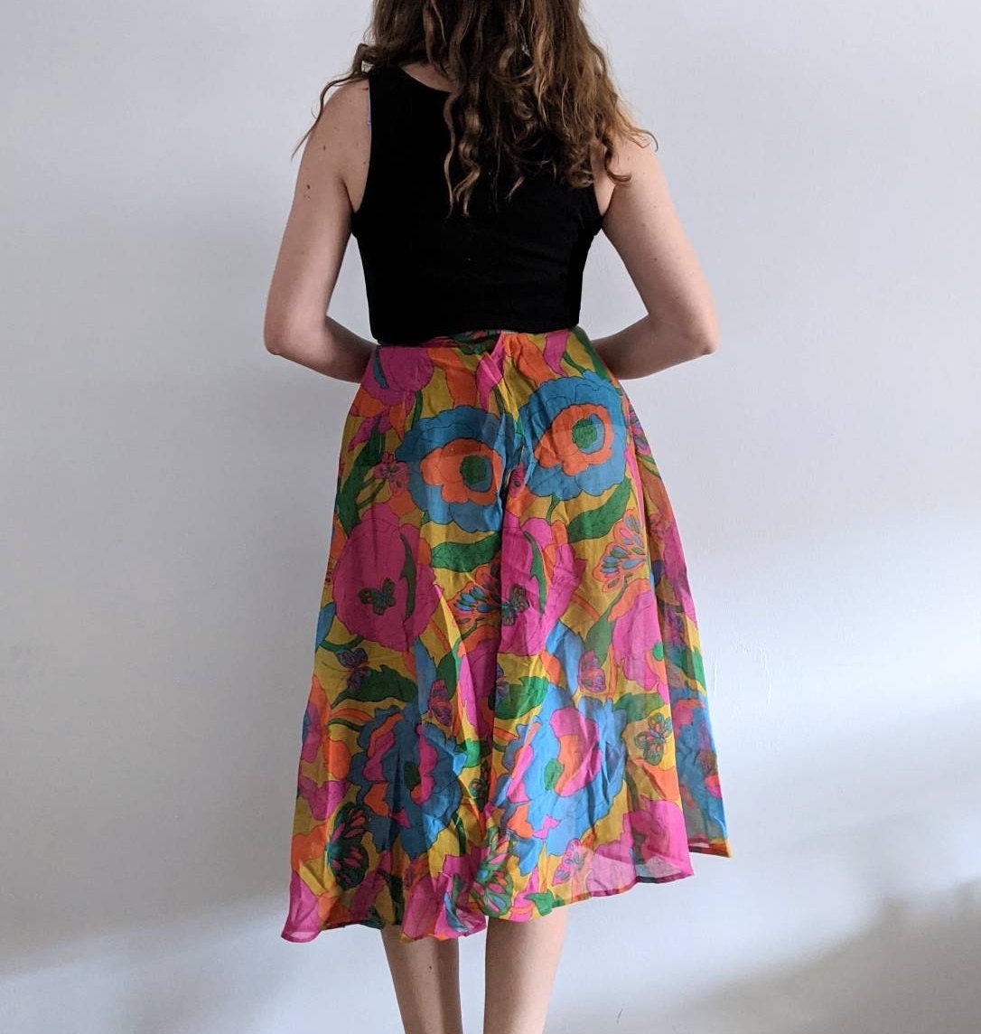 70's Psychedelic Floral Circle Skirt Vintage Groovy Disco Swing Dance ...