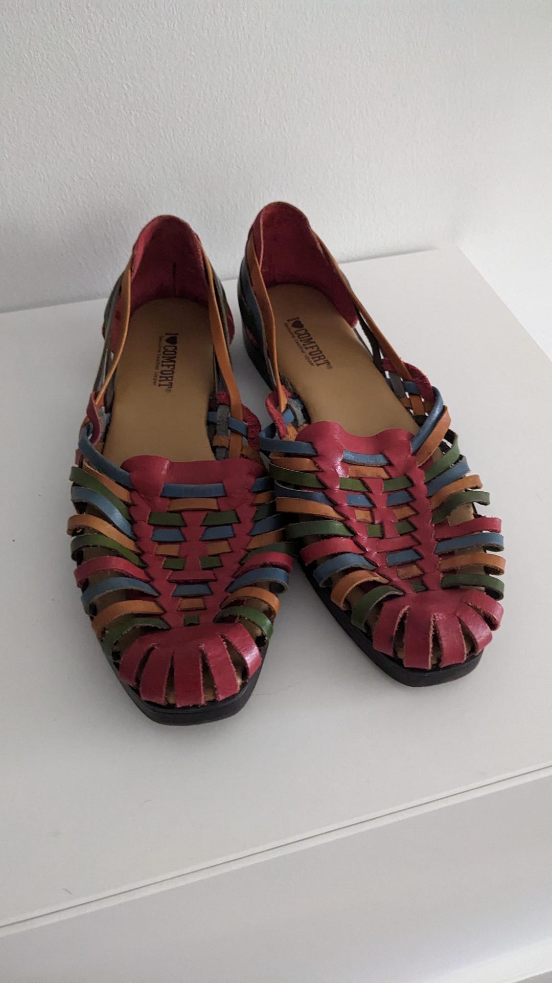 90's Woven Leather Huarache Sandals - Baja Flats - Colourful Boho Folk ...