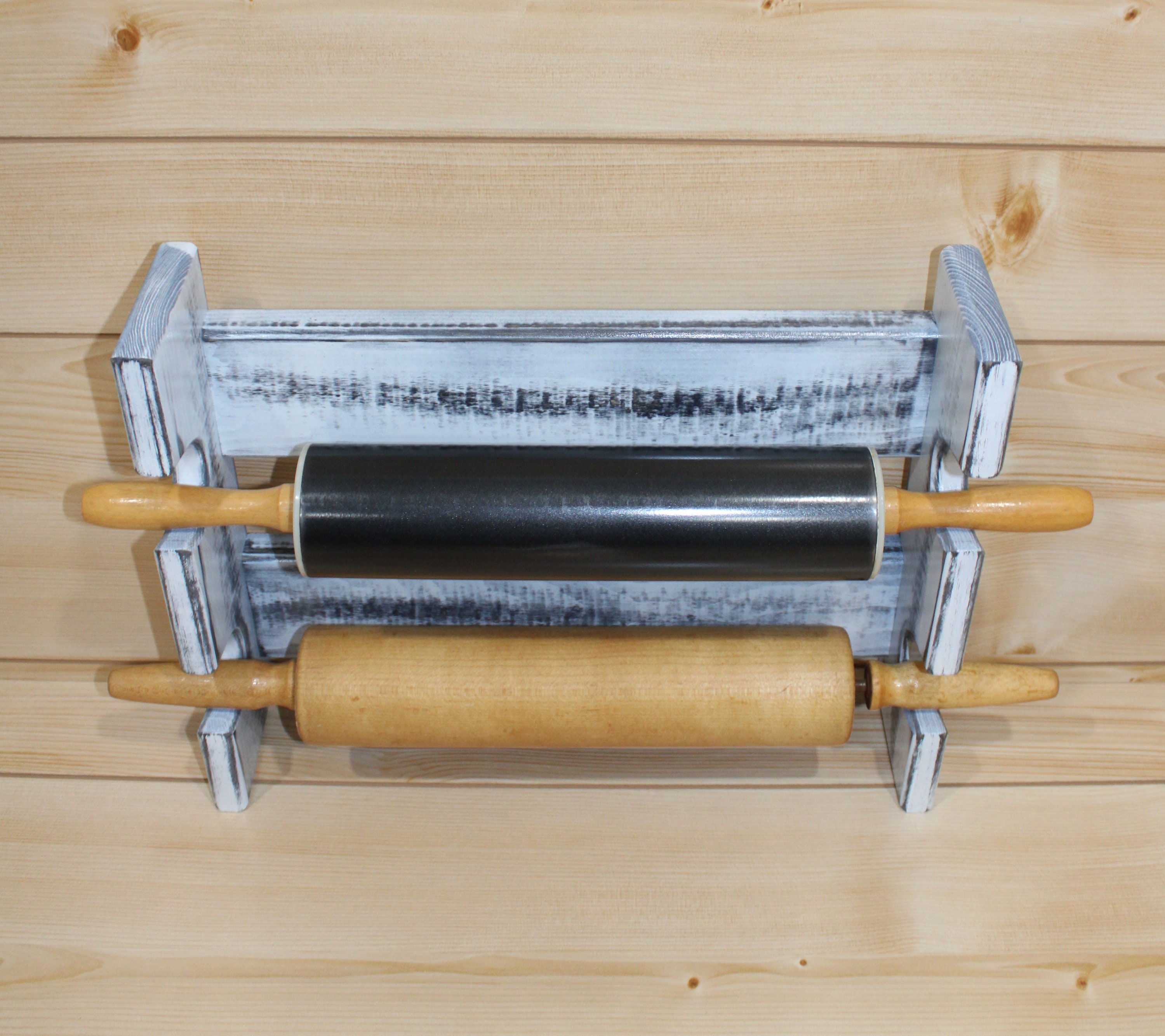 Antique White Rolling Pin Rack With Two Slots – Distressed Rolling Pin ...