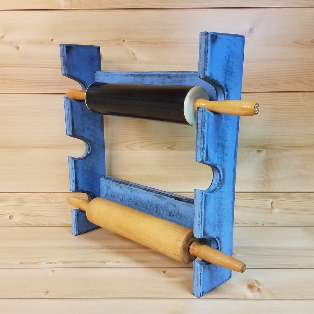 Country Blue Rolling Pin Rack With Three Slots Blue Rolling Pin Rack ...