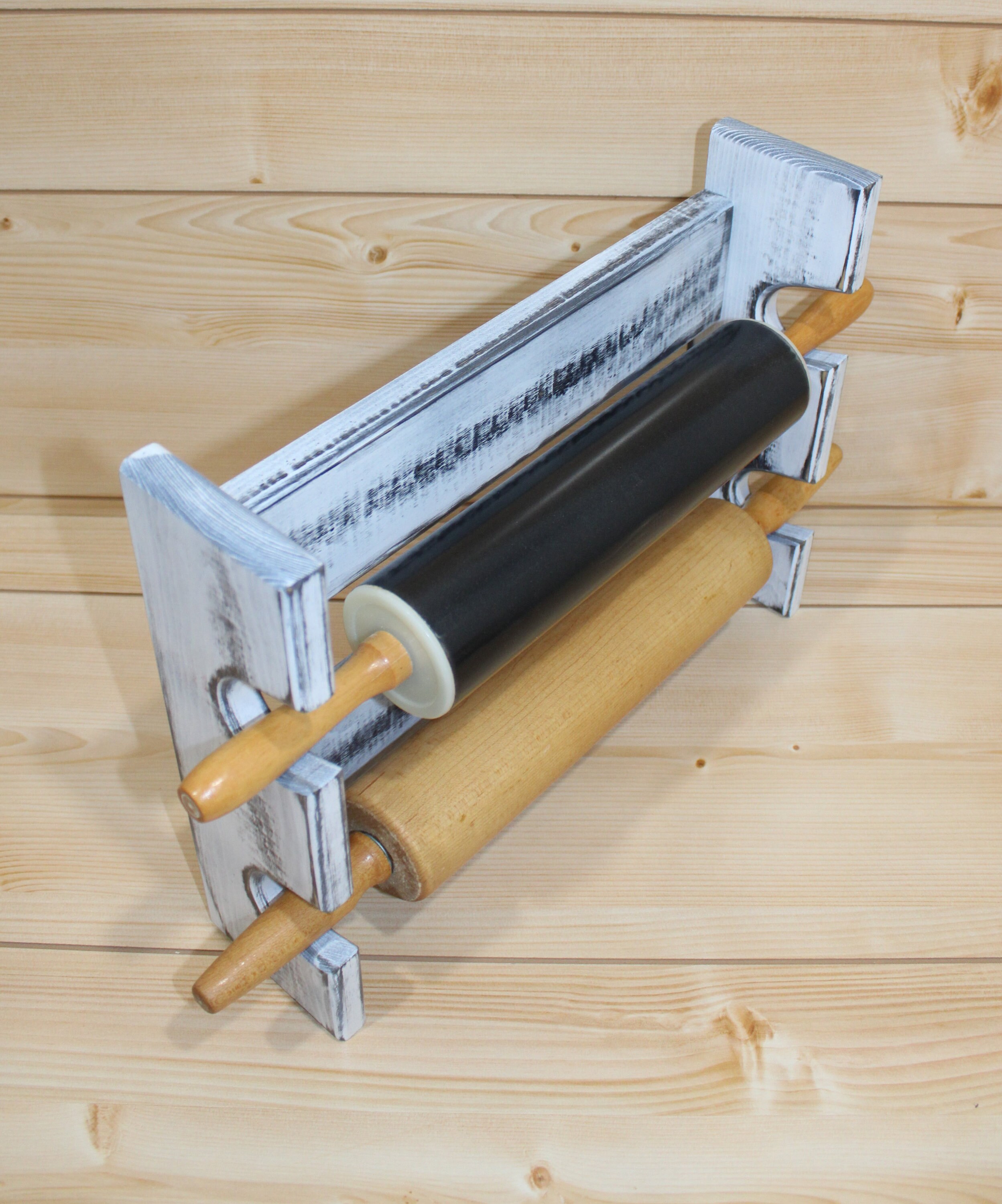 Antique White Rolling Pin Rack With Two Slots – Distressed Rolling Pin ...