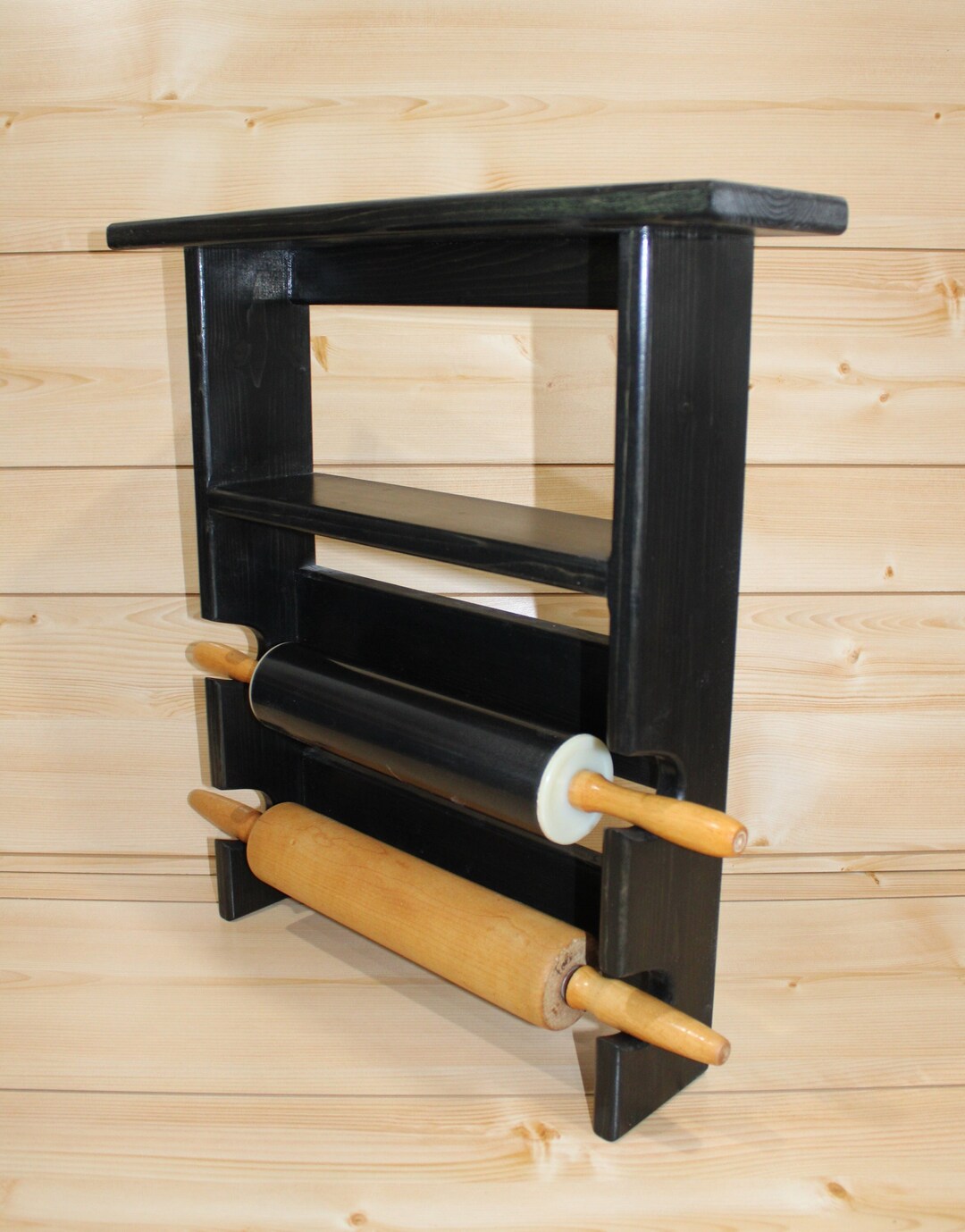 Black Rolling Pin Rack With Double Shelves - Multiple Rolling Pin Rack ...