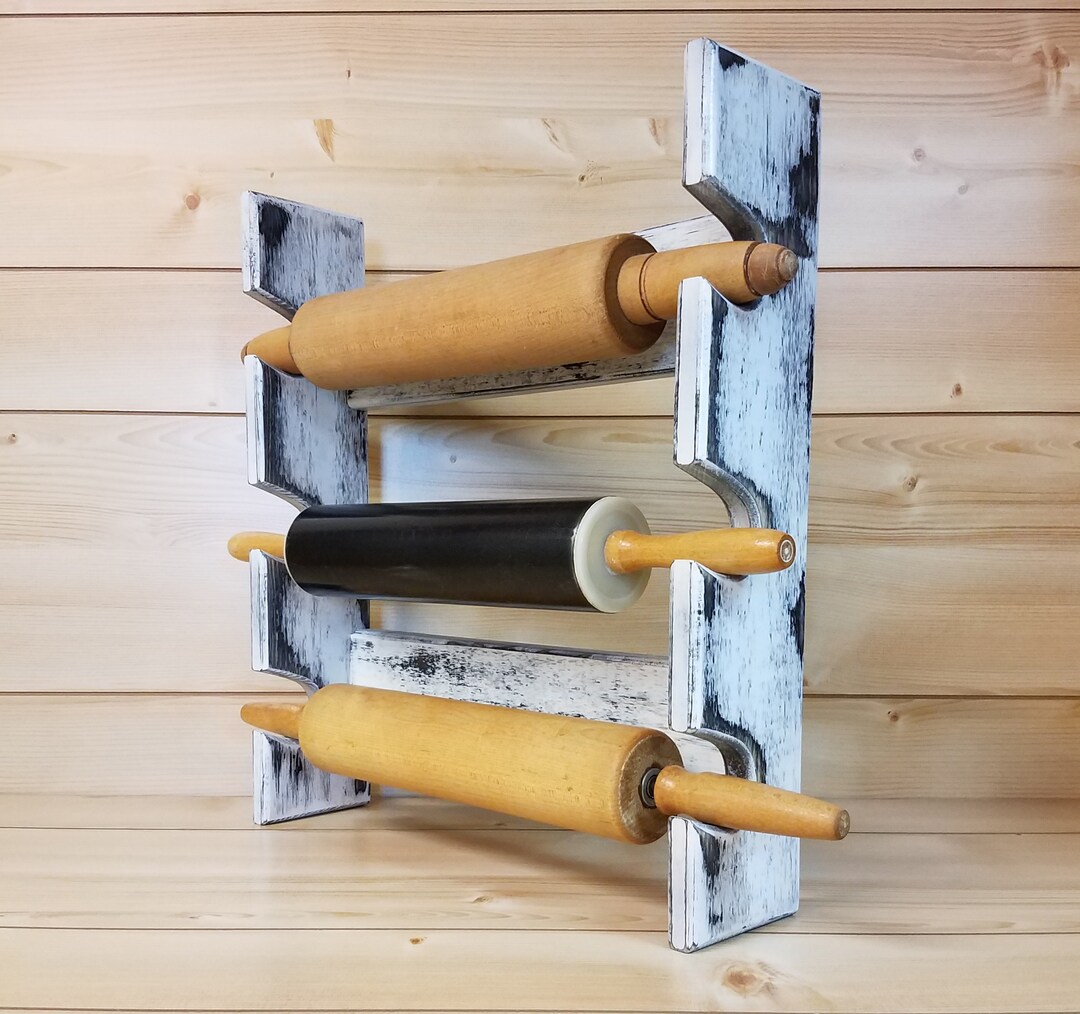 Antique White Rolling Pin Rack With Three Slots – Distressed Rolling ...
