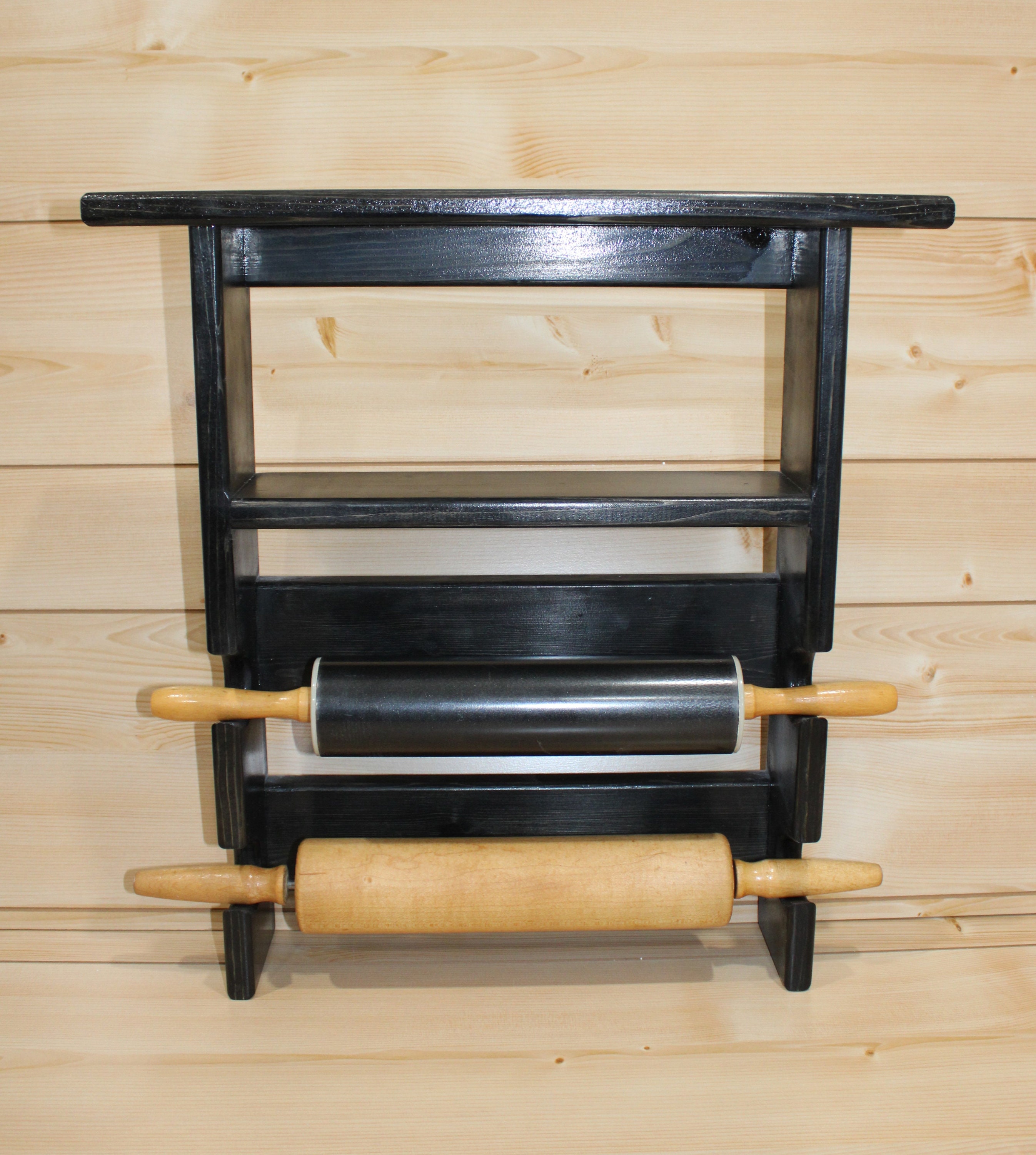 Black Rolling Pin Rack With Double Shelves Multiple Rolling - Etsy