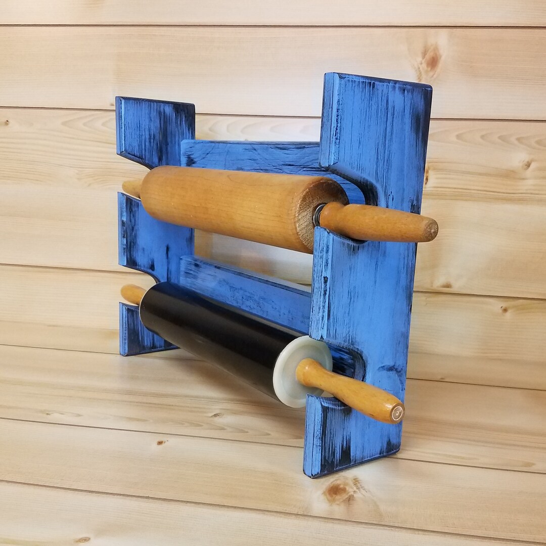 Country Blue Rolling Pin Rack With Two Slots Blue Rolling Pin Rack ...