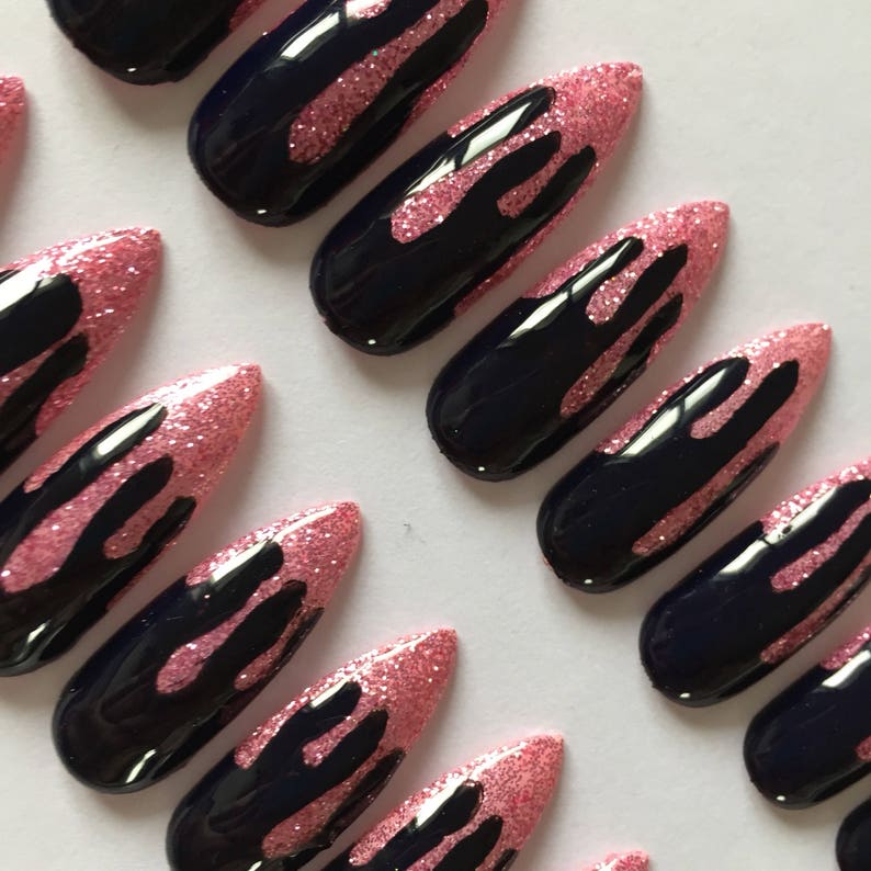 Pink Glitter Drip False Nails Stick on Nails Glue on Nails - Etsy