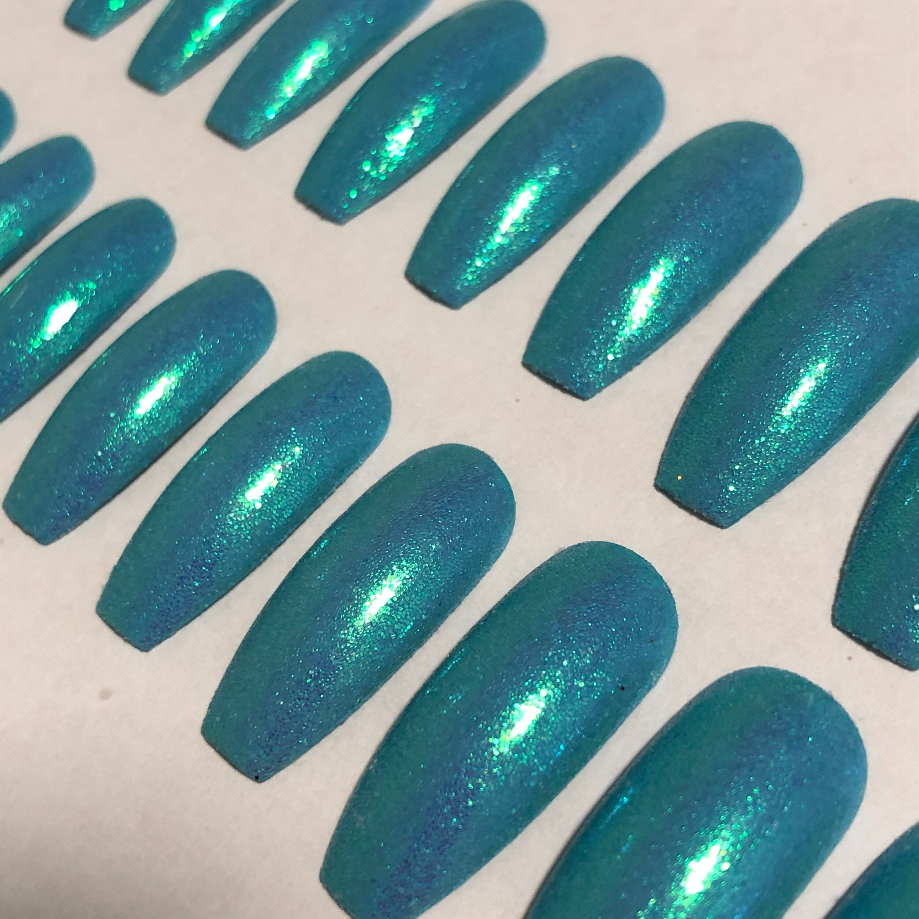Hand Painted Blue Iridescent Glitter False Nails - Etsy