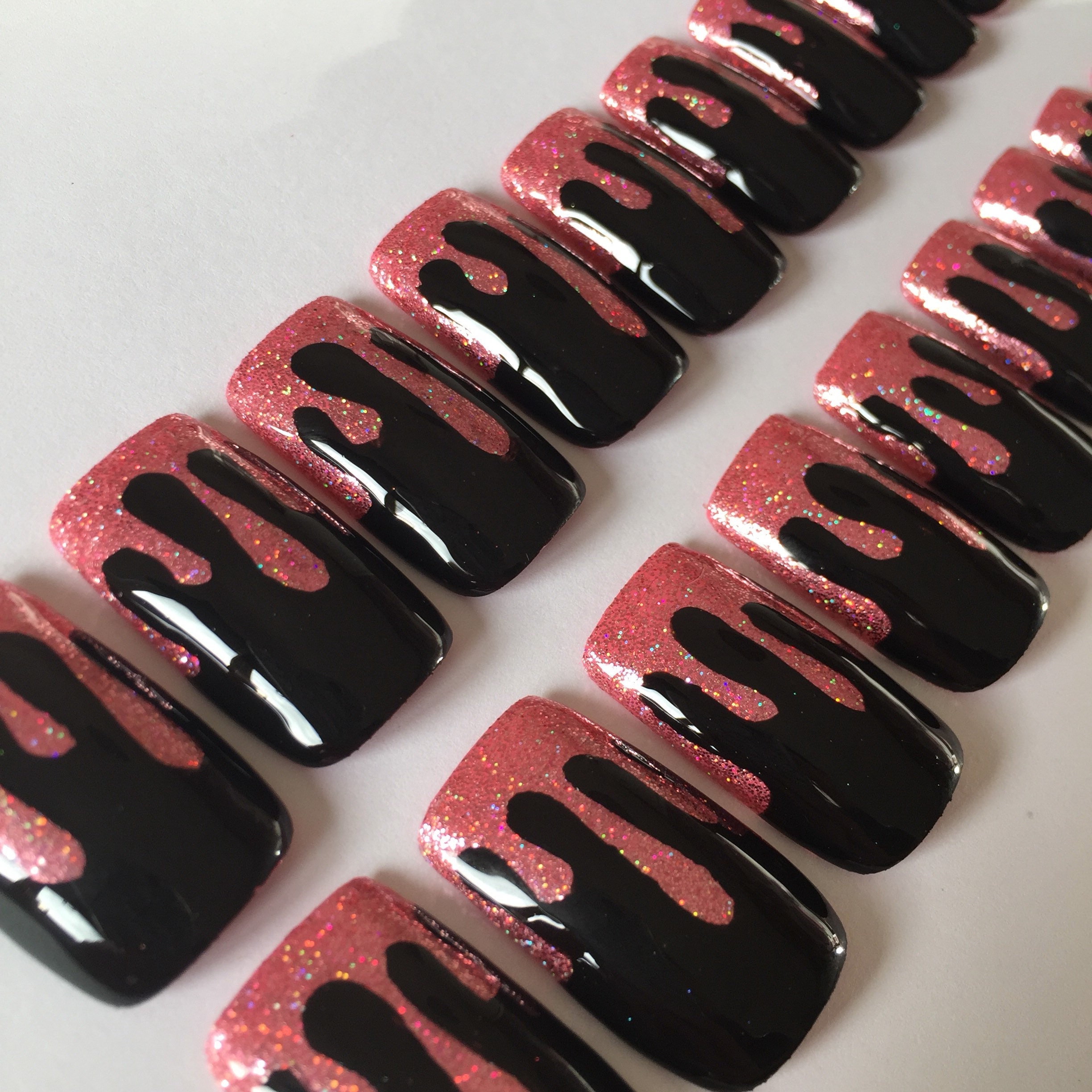 Wide False Nails Pink Glitter Drip Extra Press on Nails - Etsy UK