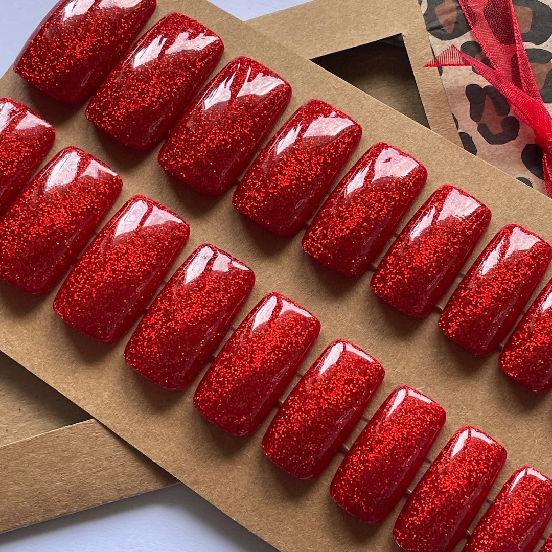Red Glitter Wide False Nails, Extra Wide Press on Nails. - Etsy