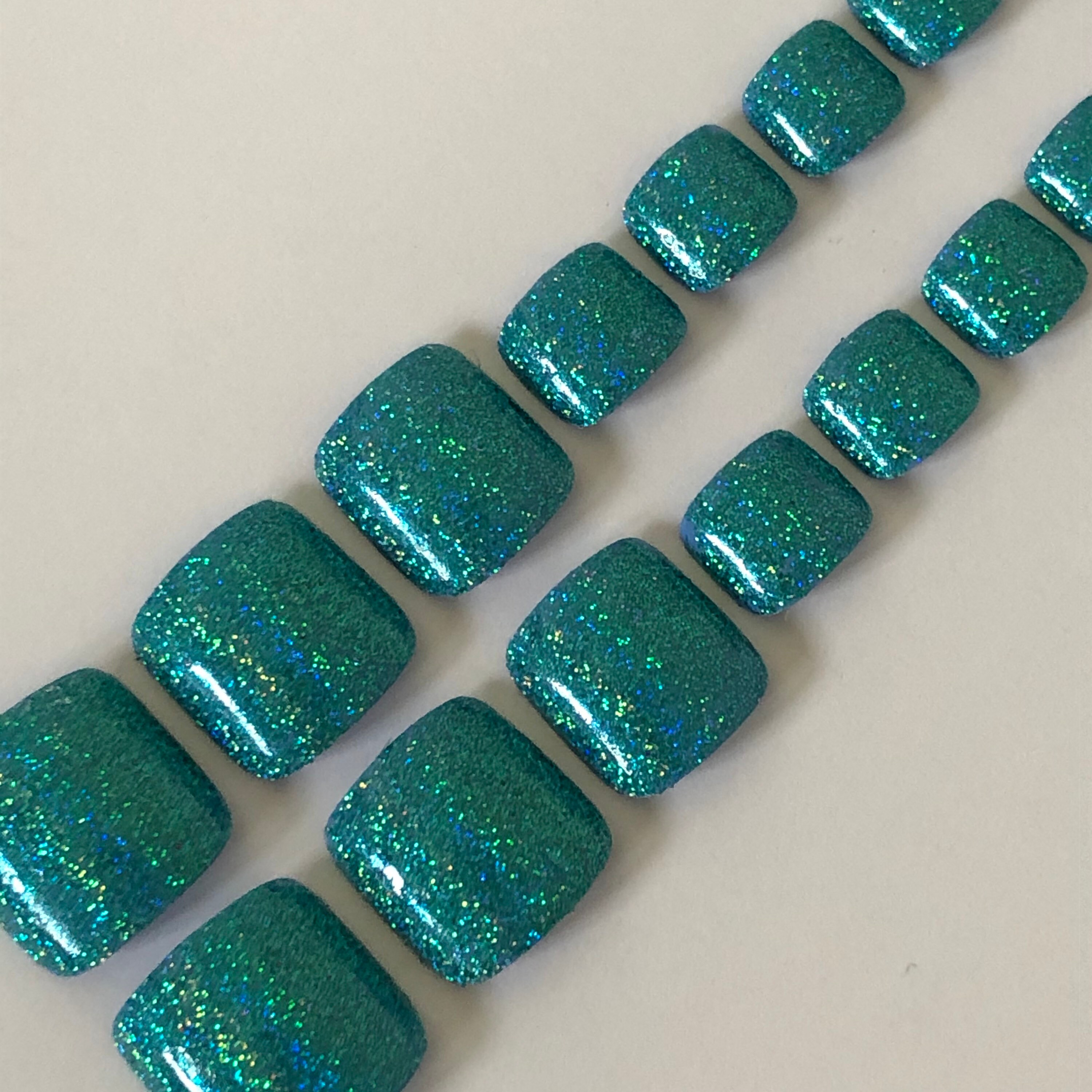 Turquoise Holographic Glitter False Toe Nails Fake Nails - Etsy UK