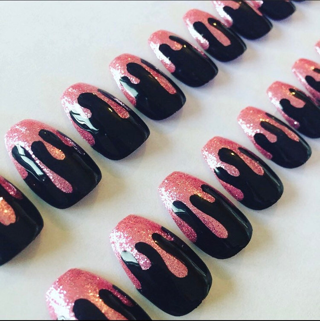 Pink and Black Glitter False Nails - Etsy