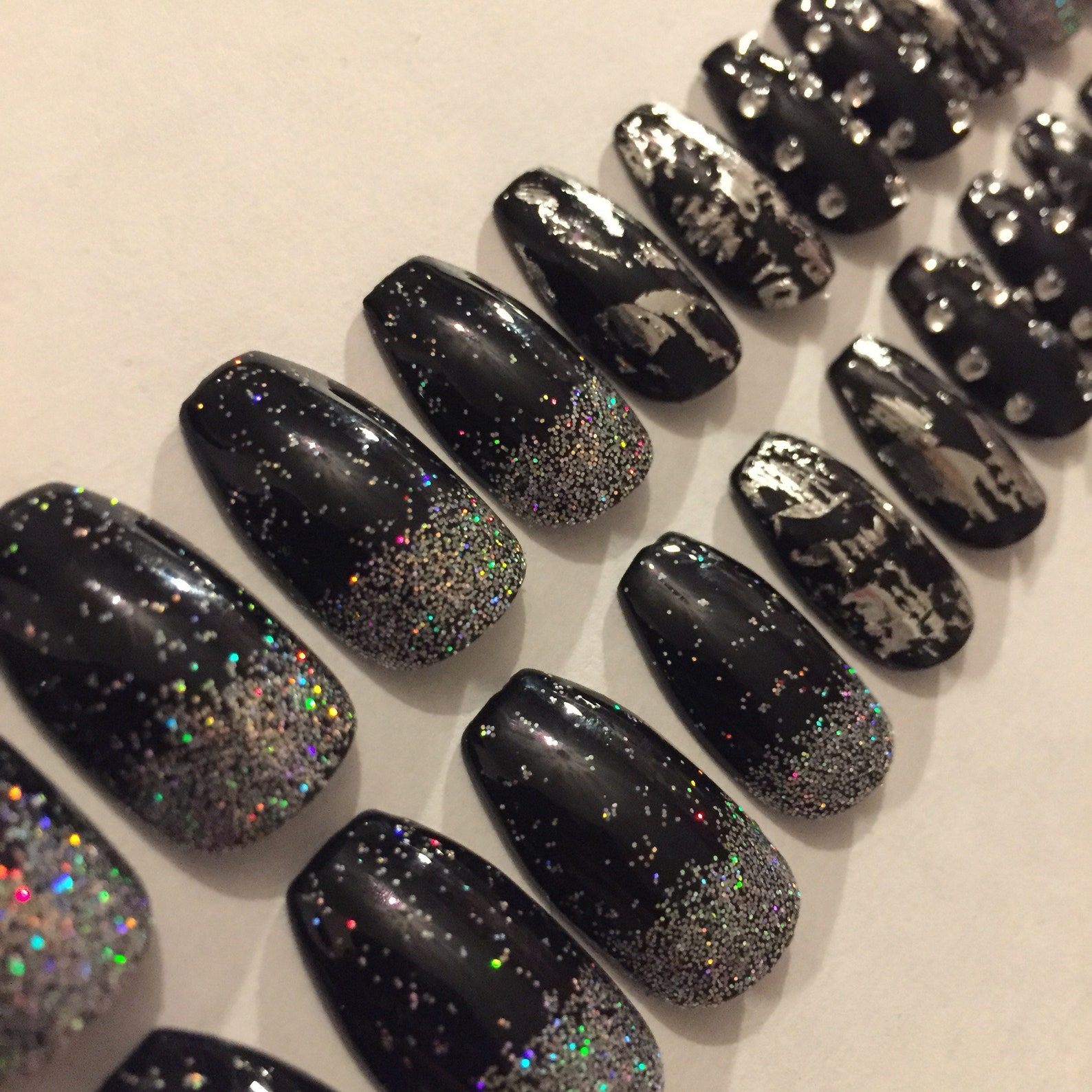 Black Glitter False Nails Stick on Nails Glue on Nails - Etsy