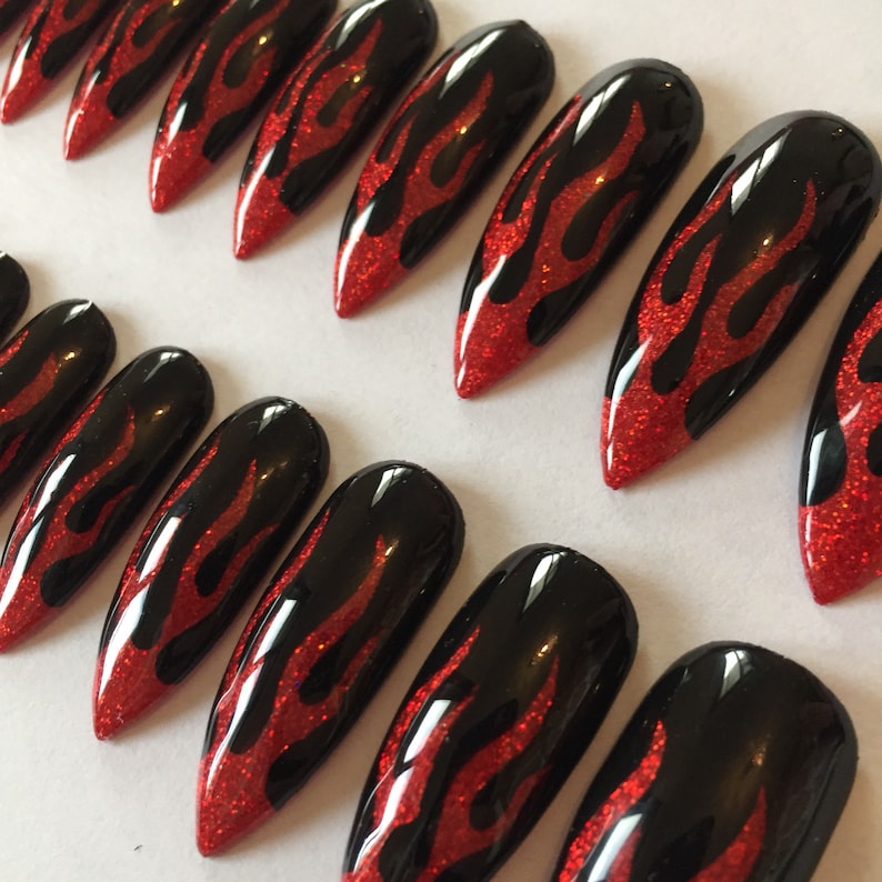 Red Holographic Glitter Flame False Nails - Etsy UK