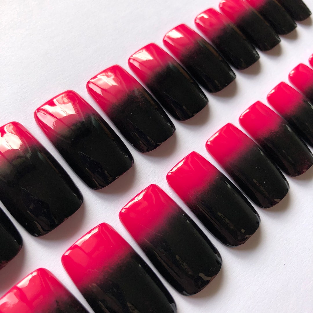 Pink and Black Ombré Wide False Nails, Extra Wide Nails, Wide Fit Press ...