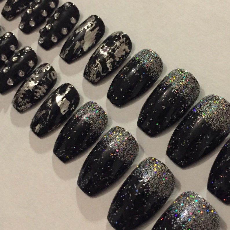 Black Glitter False Nails Stick on Nails Glue on Nails - Etsy