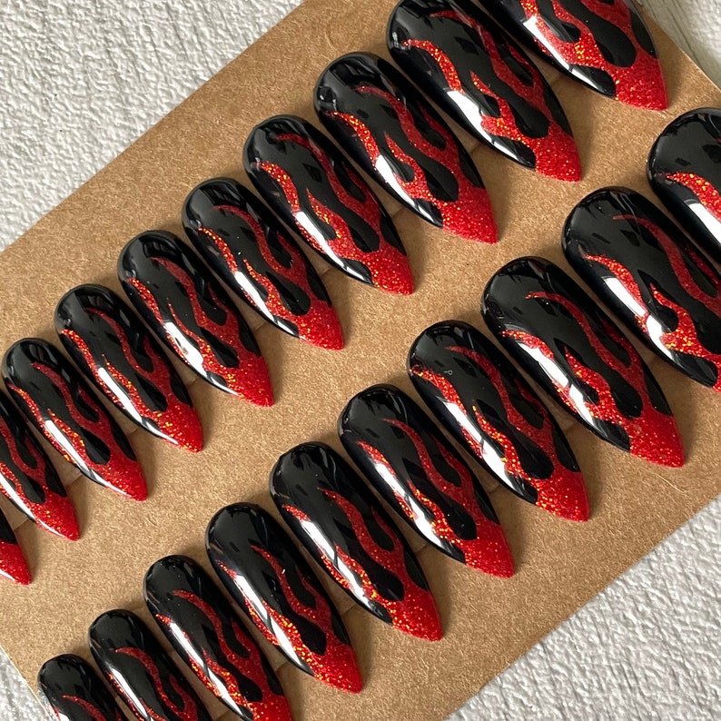 Red Holographic Glitter Flame False Nails - Etsy