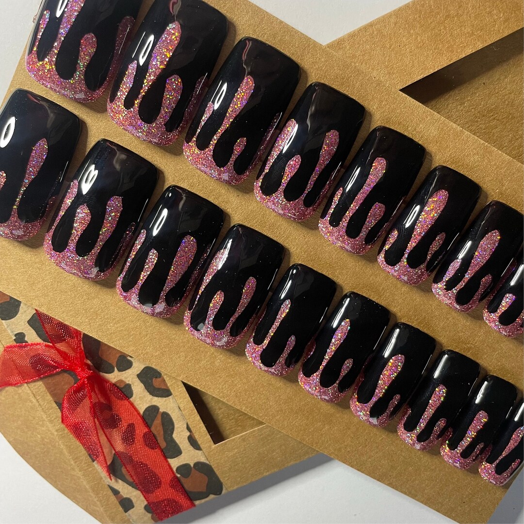 Wide False Nails, Black and Pink Glitter Extra Wide Press on Nails ...
