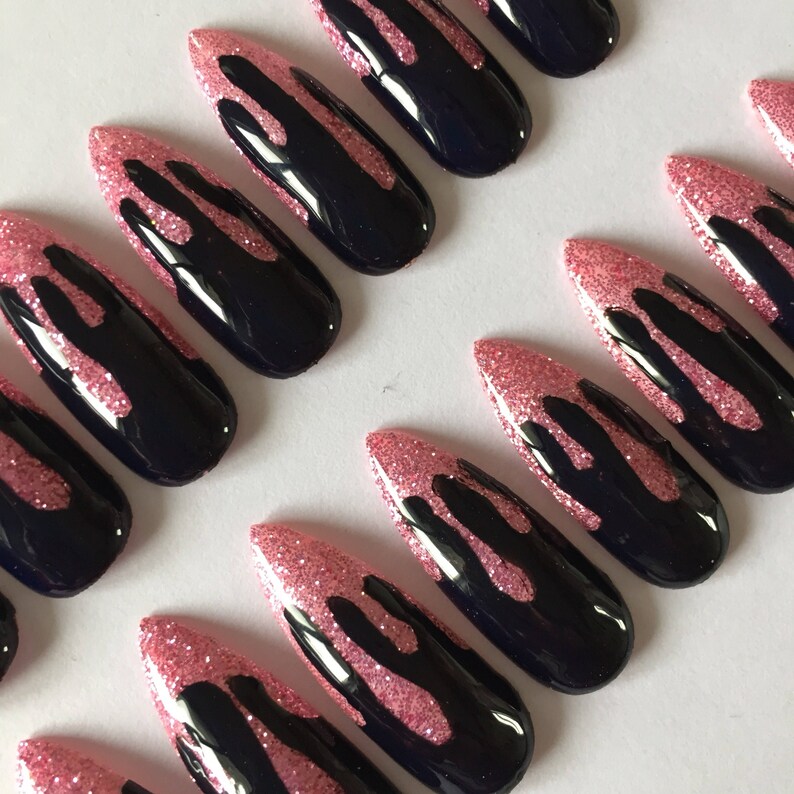 Pink Glitter Drip False Nails Stick on Nails Glue on Nails - Etsy