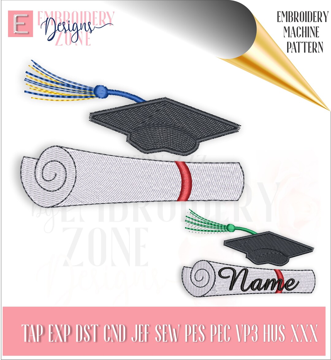 Graduation Cap With Diploma Embroidery Pattern. 2-color Tassel Design ...