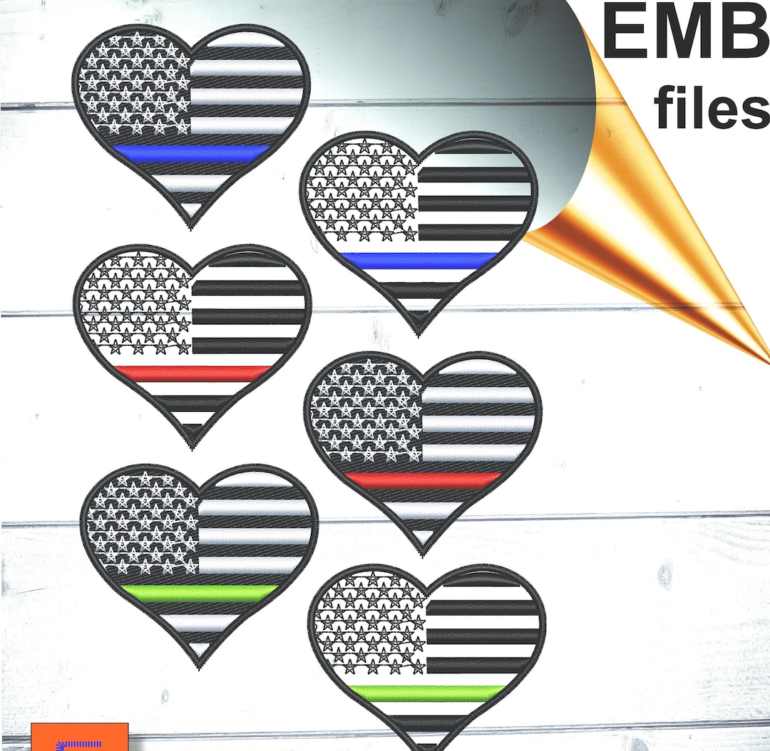 Thin Blue Line Heart Design for Machine Embroidery. Tactical USA Flag ...