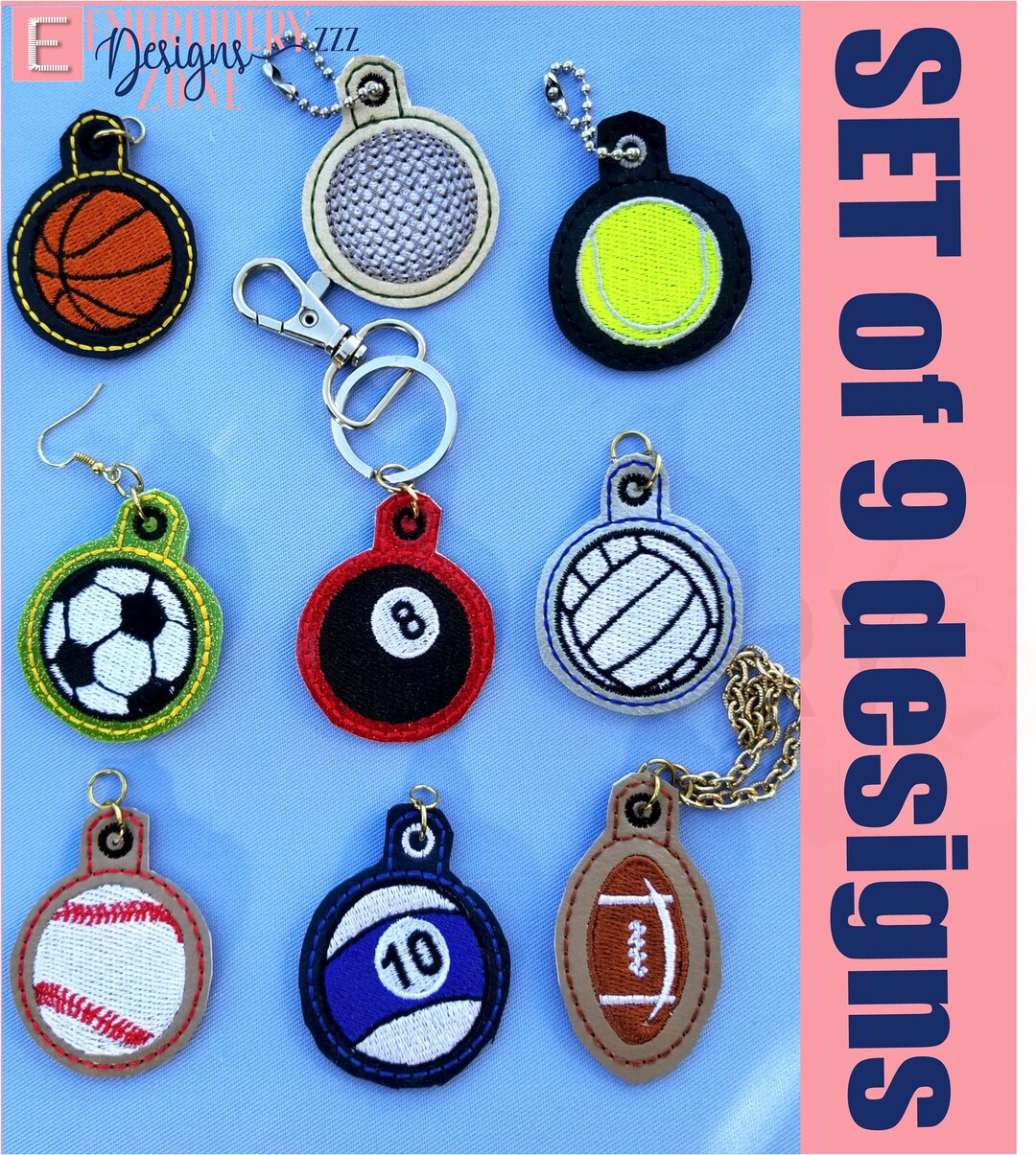 Sports Ball Embroidery Design Set in the Hoop Eyelet Charm Pattern File ...