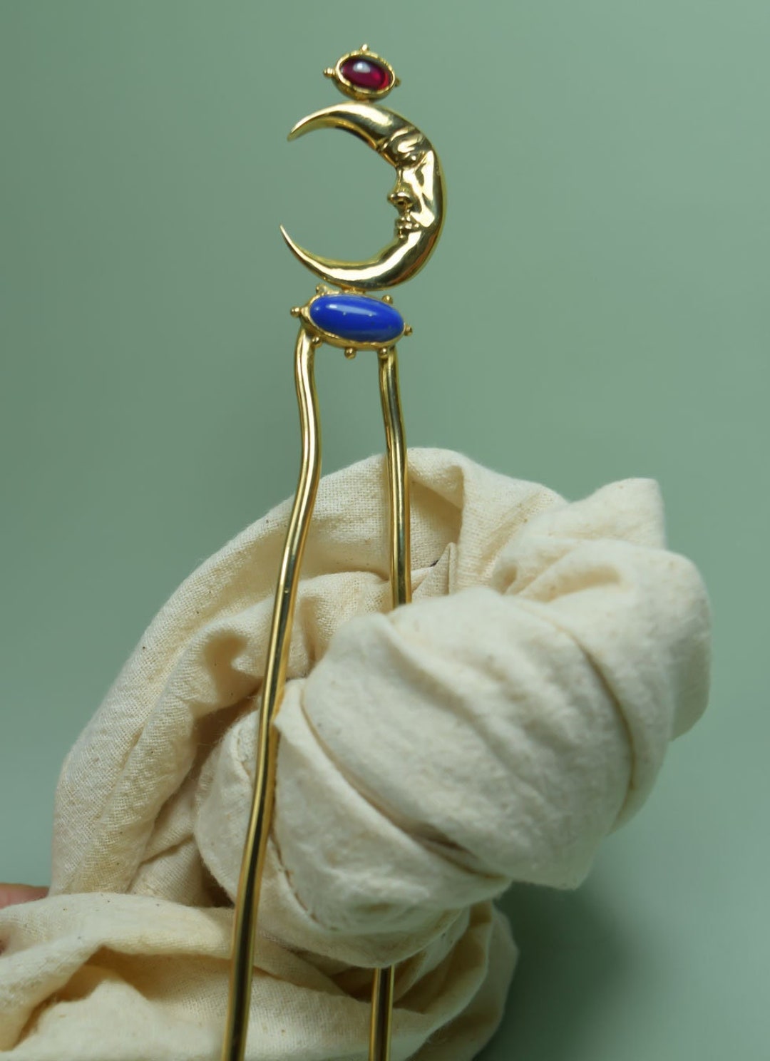 Moon Gold Hair Pin With Gemstones, Gold Sculptural Hair Pin, Moon Man ...